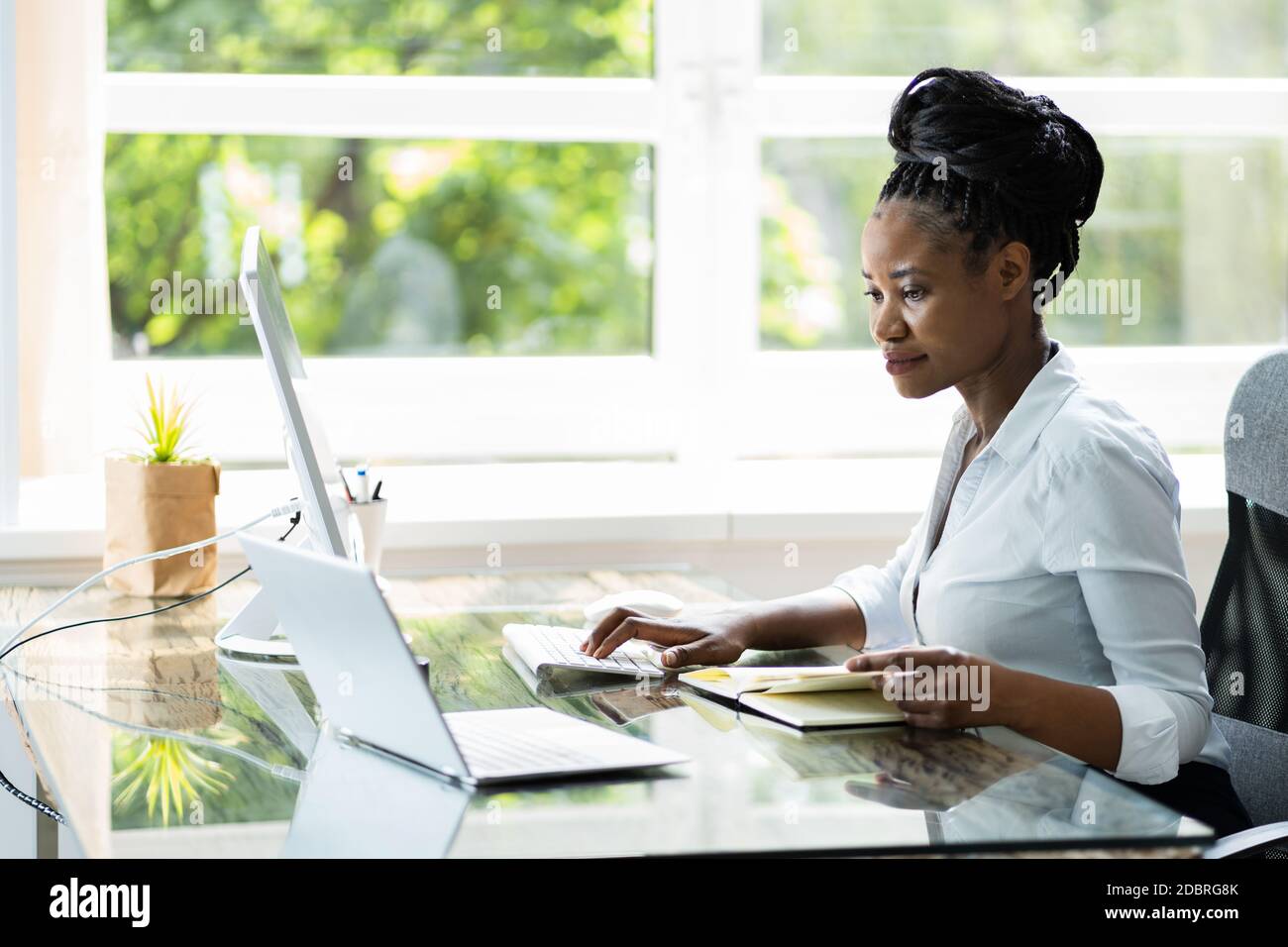 Happy Professional Woman Employee Using Computer For Work Stock Photo ...