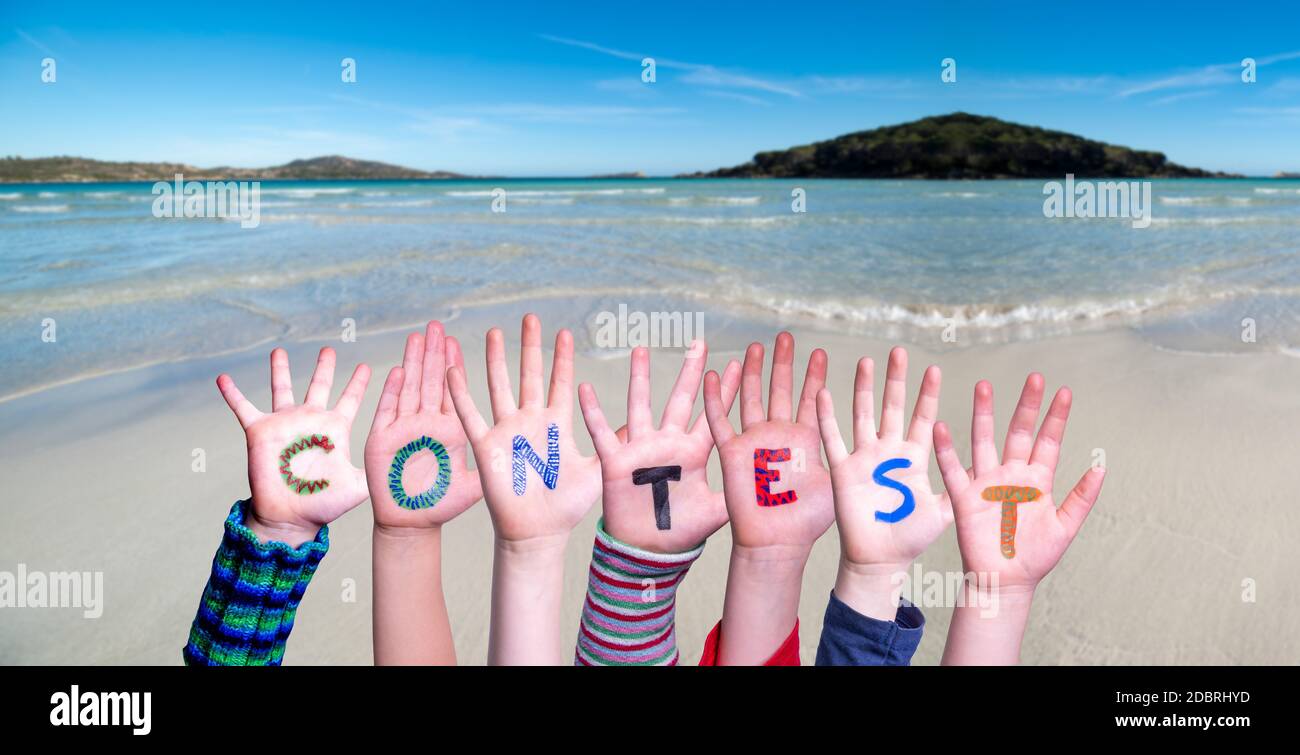 Children Hands Building Colorful Word Contest. Ocean And Beach As ...