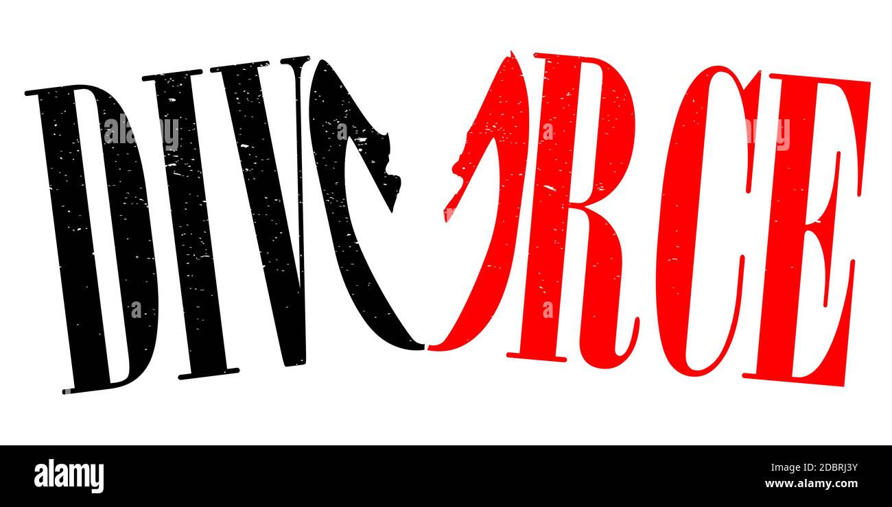 The word divorce being split apart isolated over a white background ...