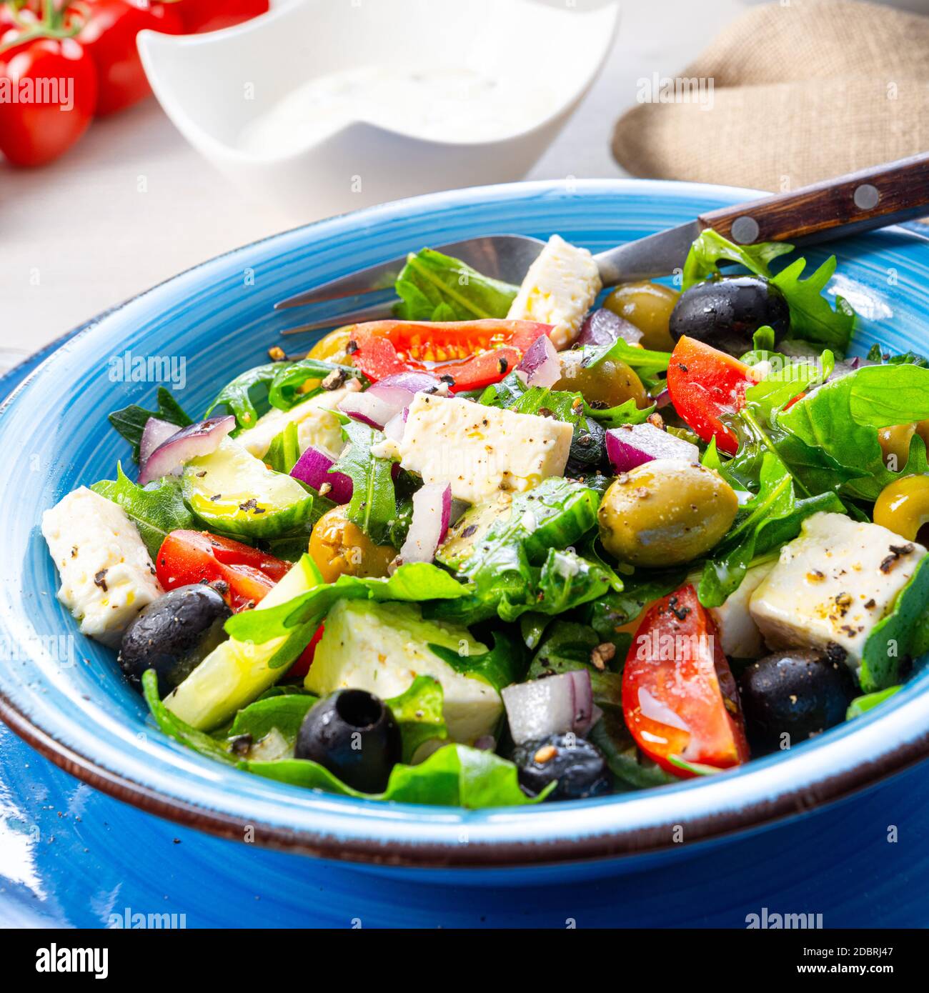 Rustic Greek salad with sheep's cheese Stock Photo - Alamy