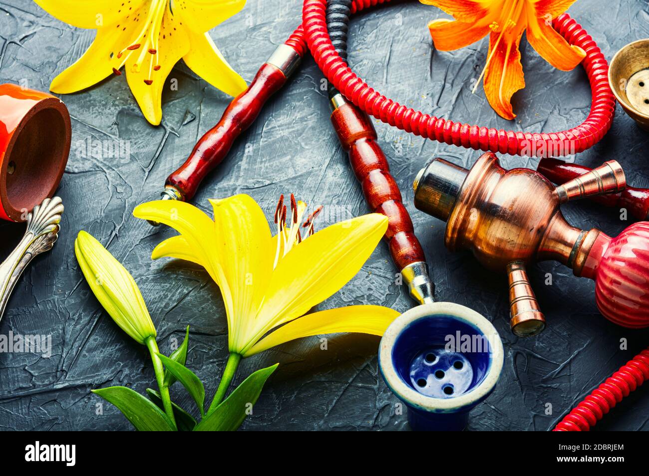 Asian smoking hookah with fragrant flower tobacco.Lily flavor shisha ...