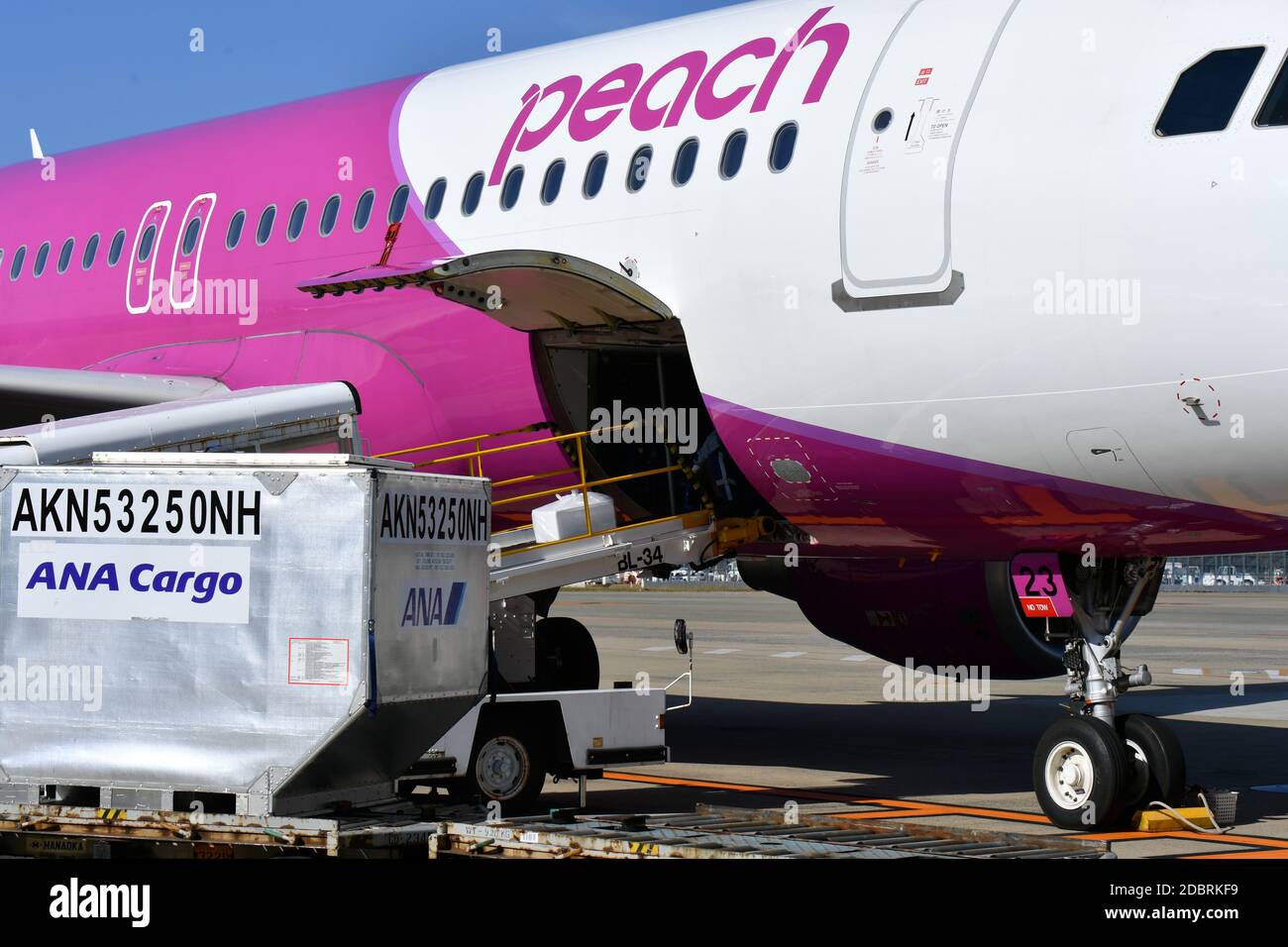 Peach's A320 loading ANA's cargo at Fukuoka Airport on November 1, 2020 ...
