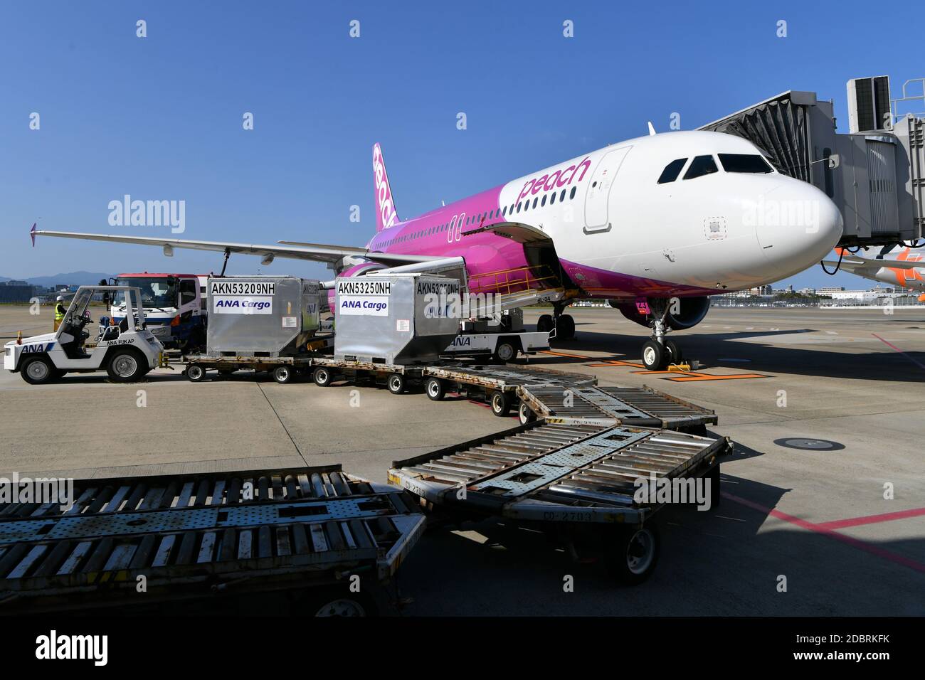 Peach's A320 loading ANA's cargo at Fukuoka Airport on November 1, 2020 ...