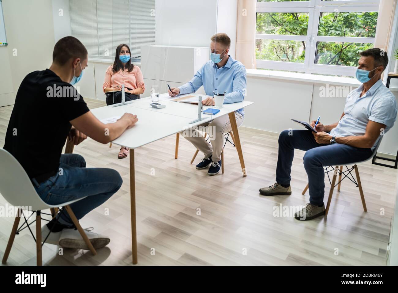 Job Interview Business Meeting At Law Office Wearing Face Mask Stock ...