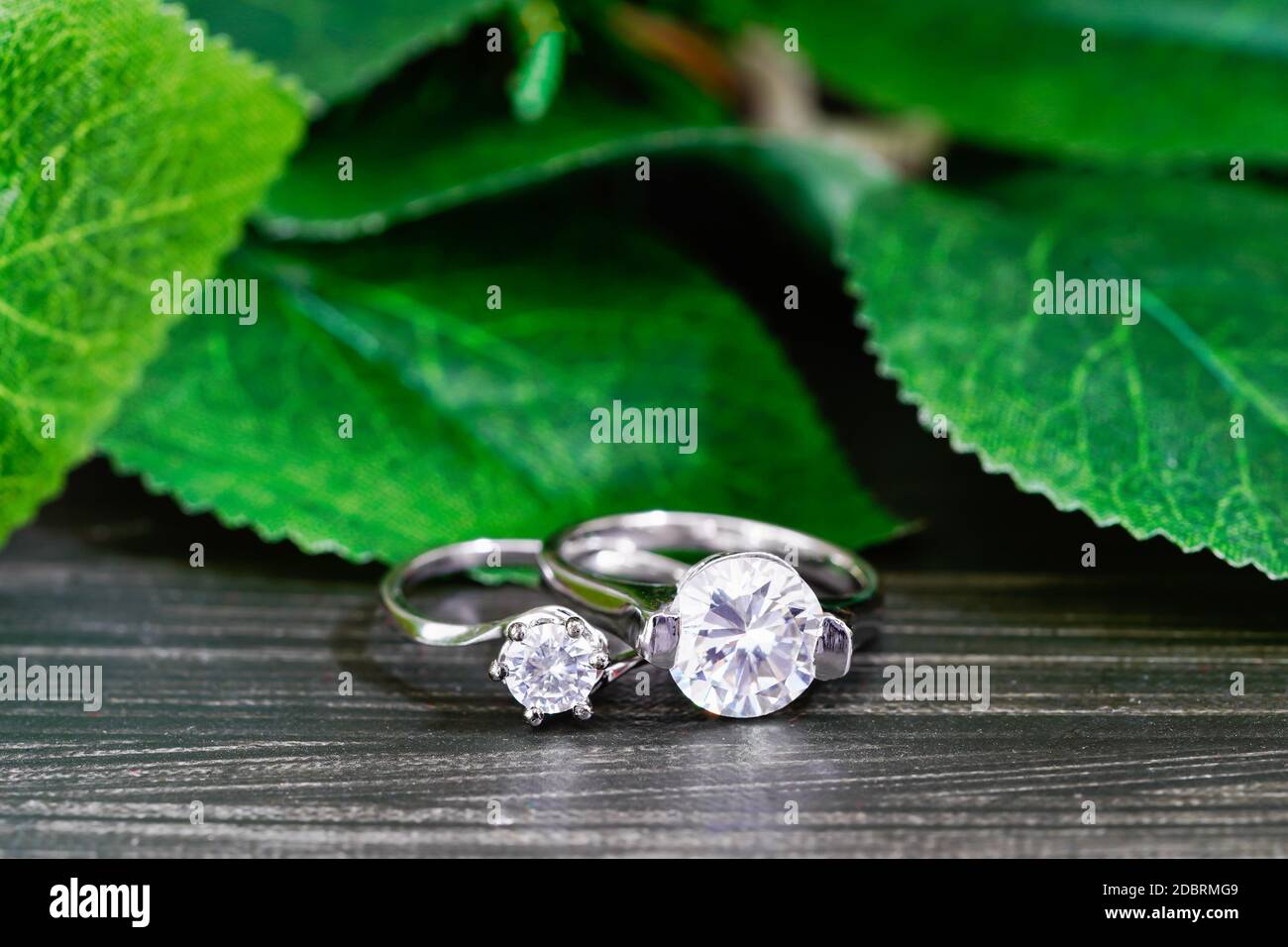 Close up Diamond gem wedding rings with green leaves on black ...