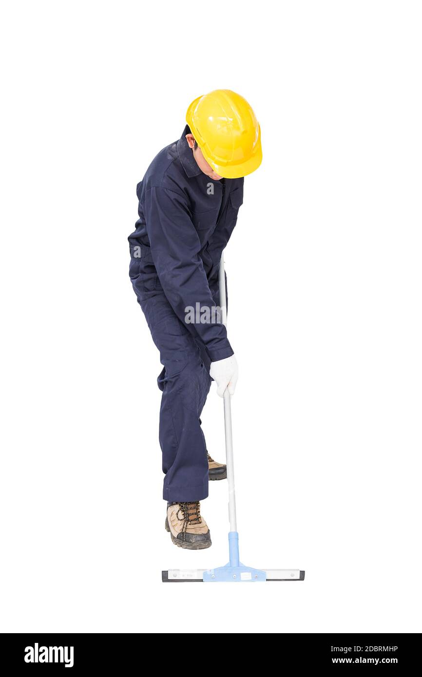 Young man in uniform hold mop for cleaning glass window, Cut out ...