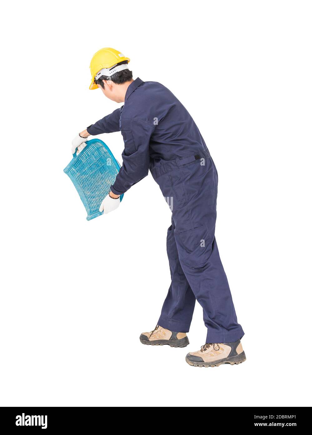 Young worker in uniform hold Hod or clam-shell shaped basket is a ...