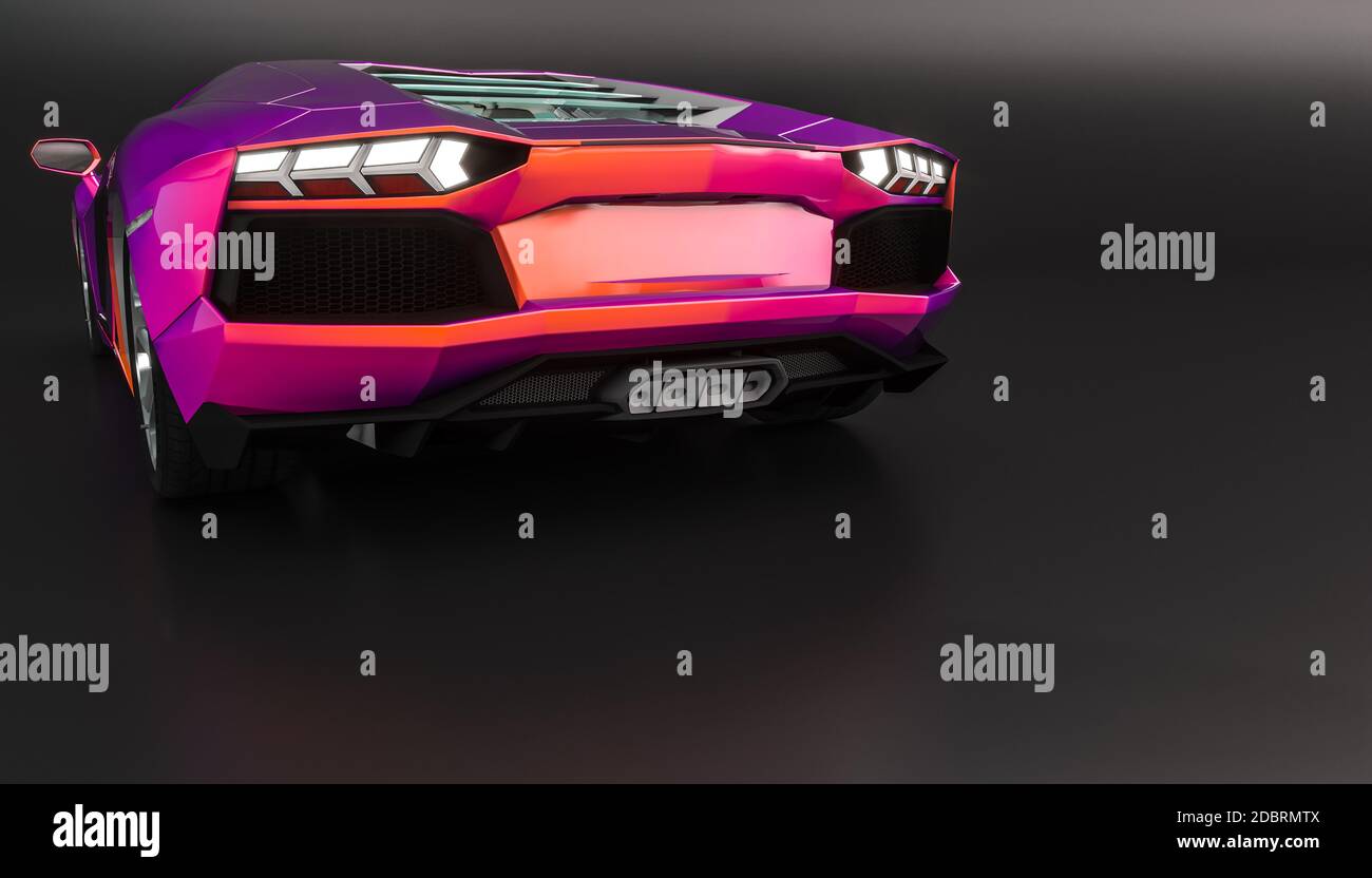 sports car on black, rear view. Concept of luxury and speed. 3D ...