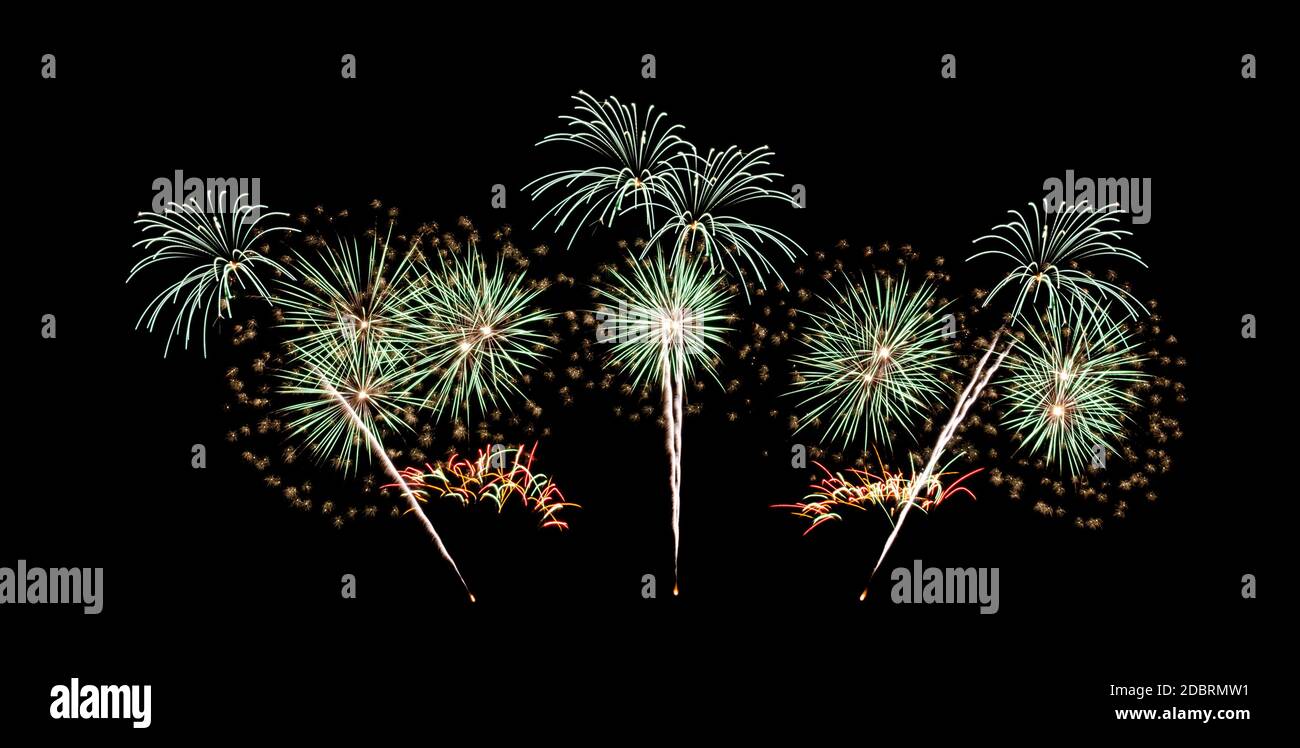 Beautiful green fireworks display on black sky for celebration and ...