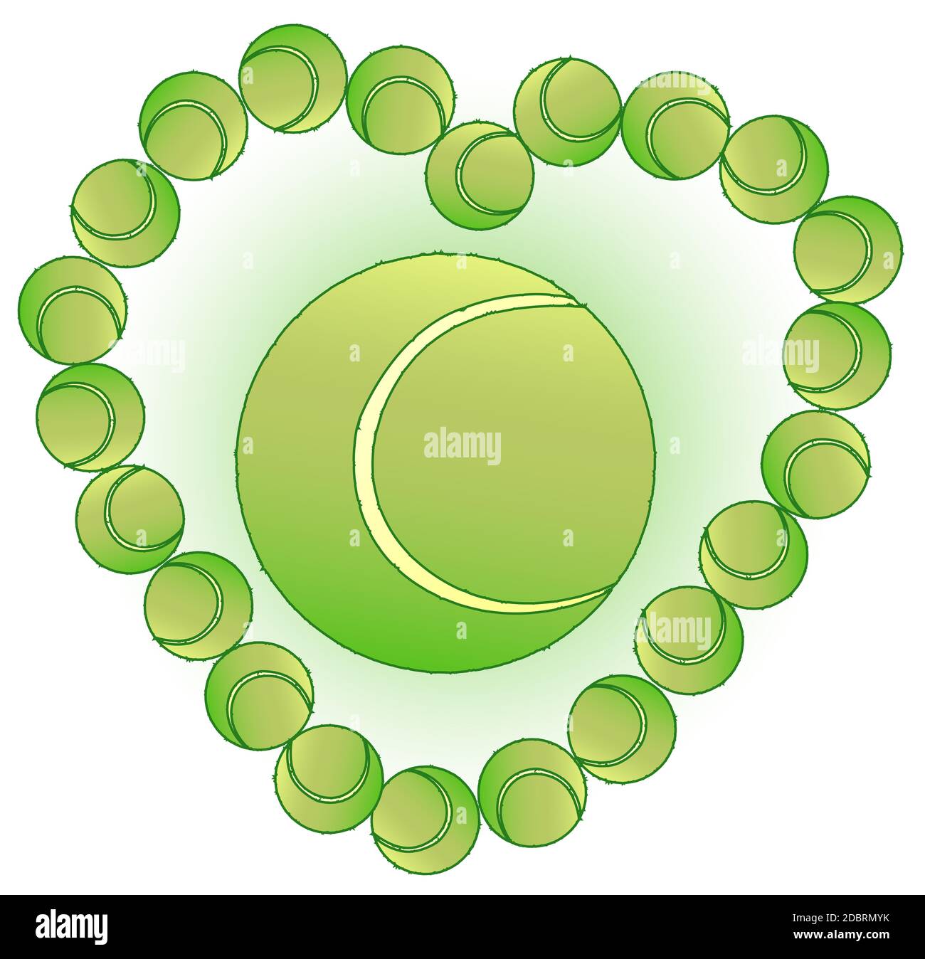 A group of tennis balls formed into the shape of a love heart isolated ...