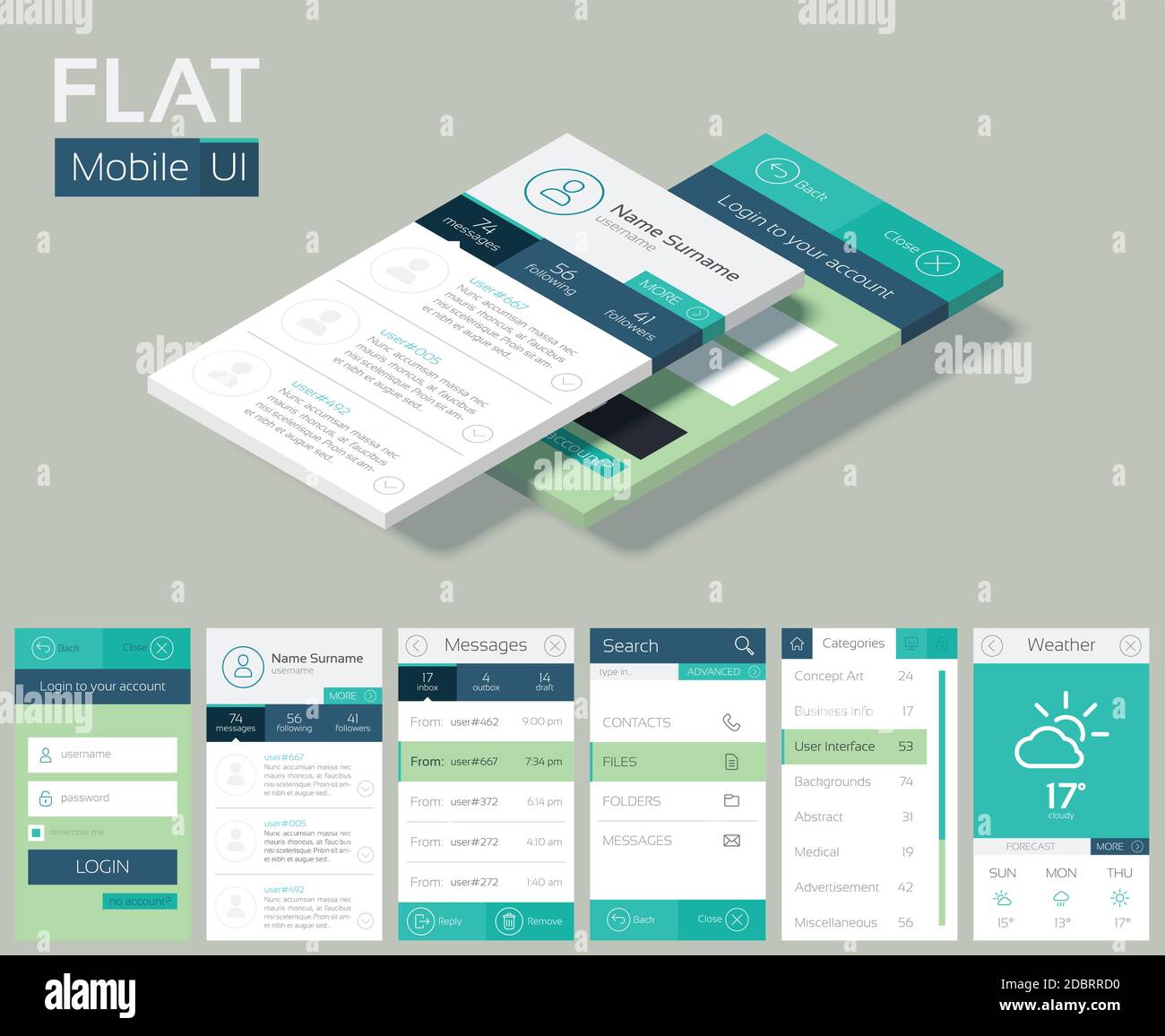 Flat UI design concept with different screens web buttons and elements ...