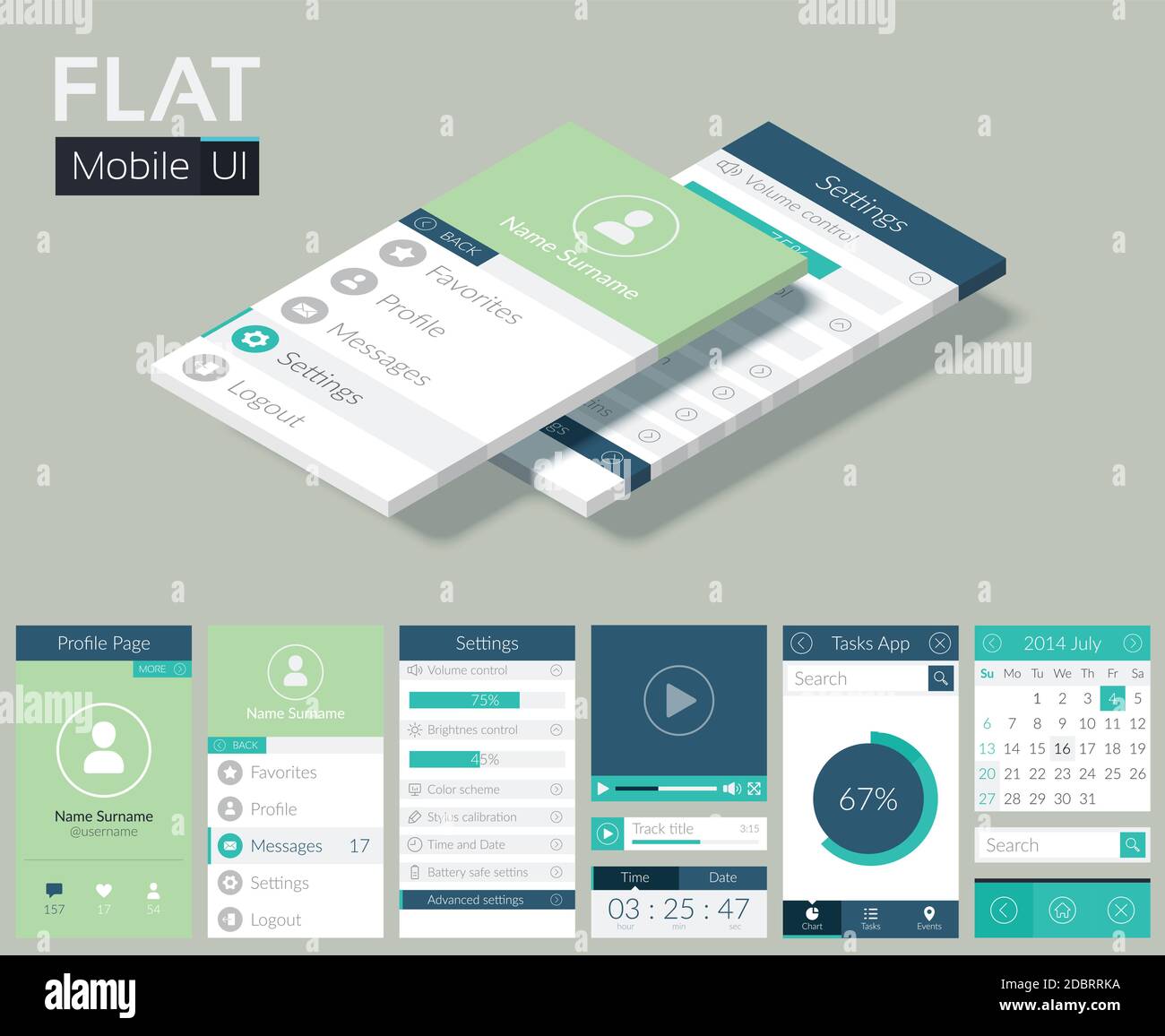 Flat UI template with screens icons web buttons and elements for mobile ...