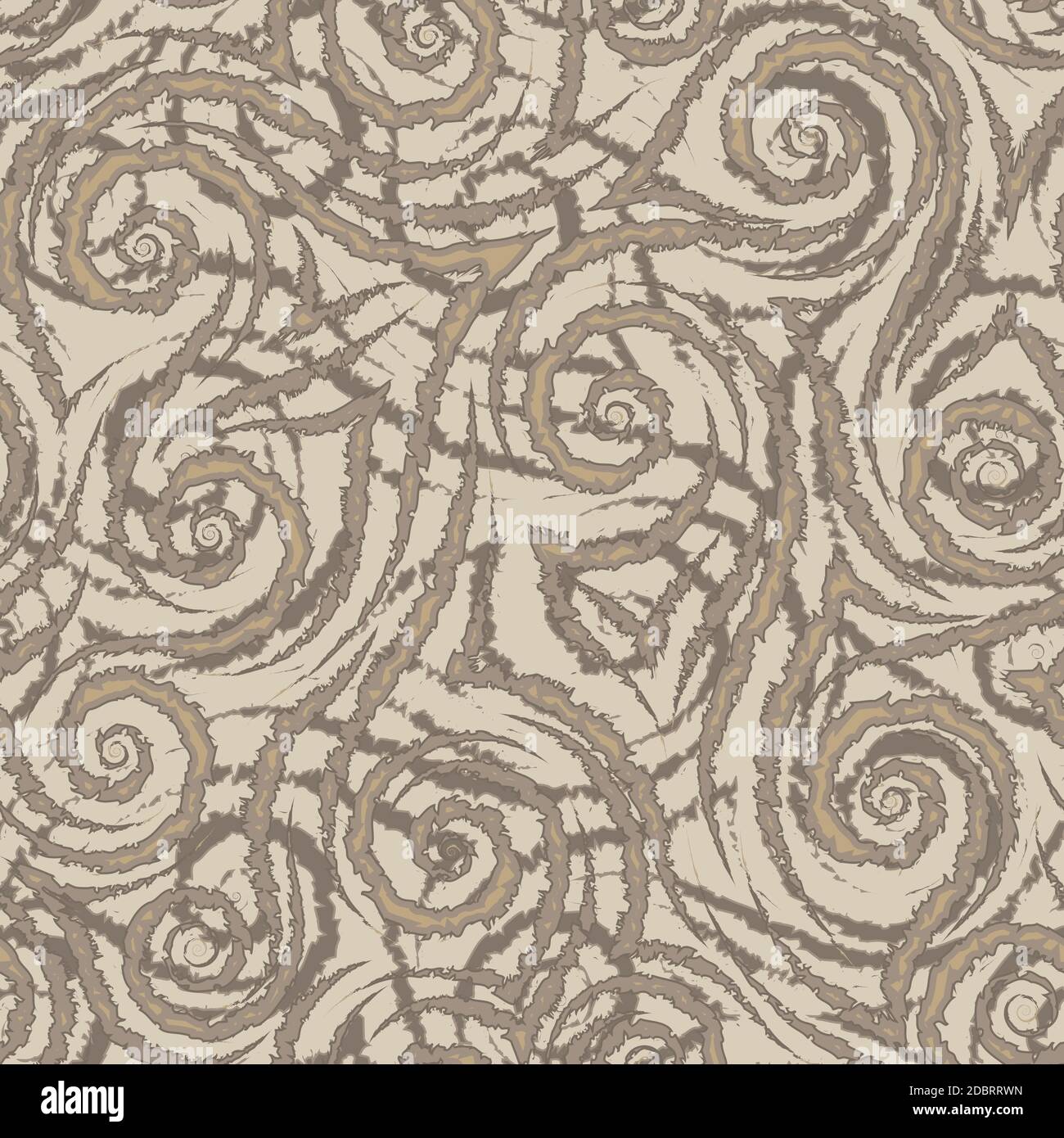 Brown smooth lines corners and spirals with torn edges on a beige background vector seamless ...
