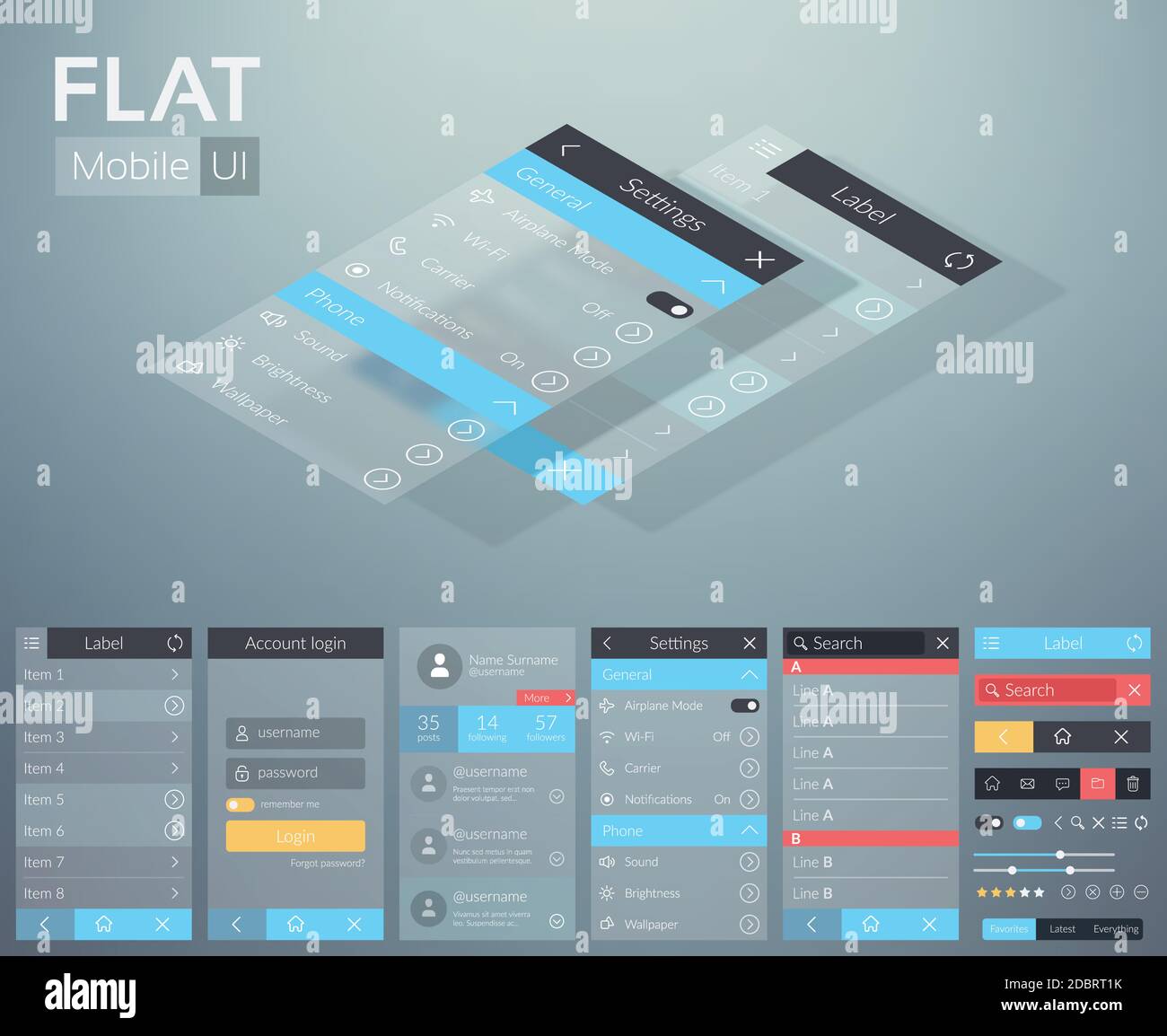 Flat UI mobile menu design concept with different screens buttons and web elements vector ...