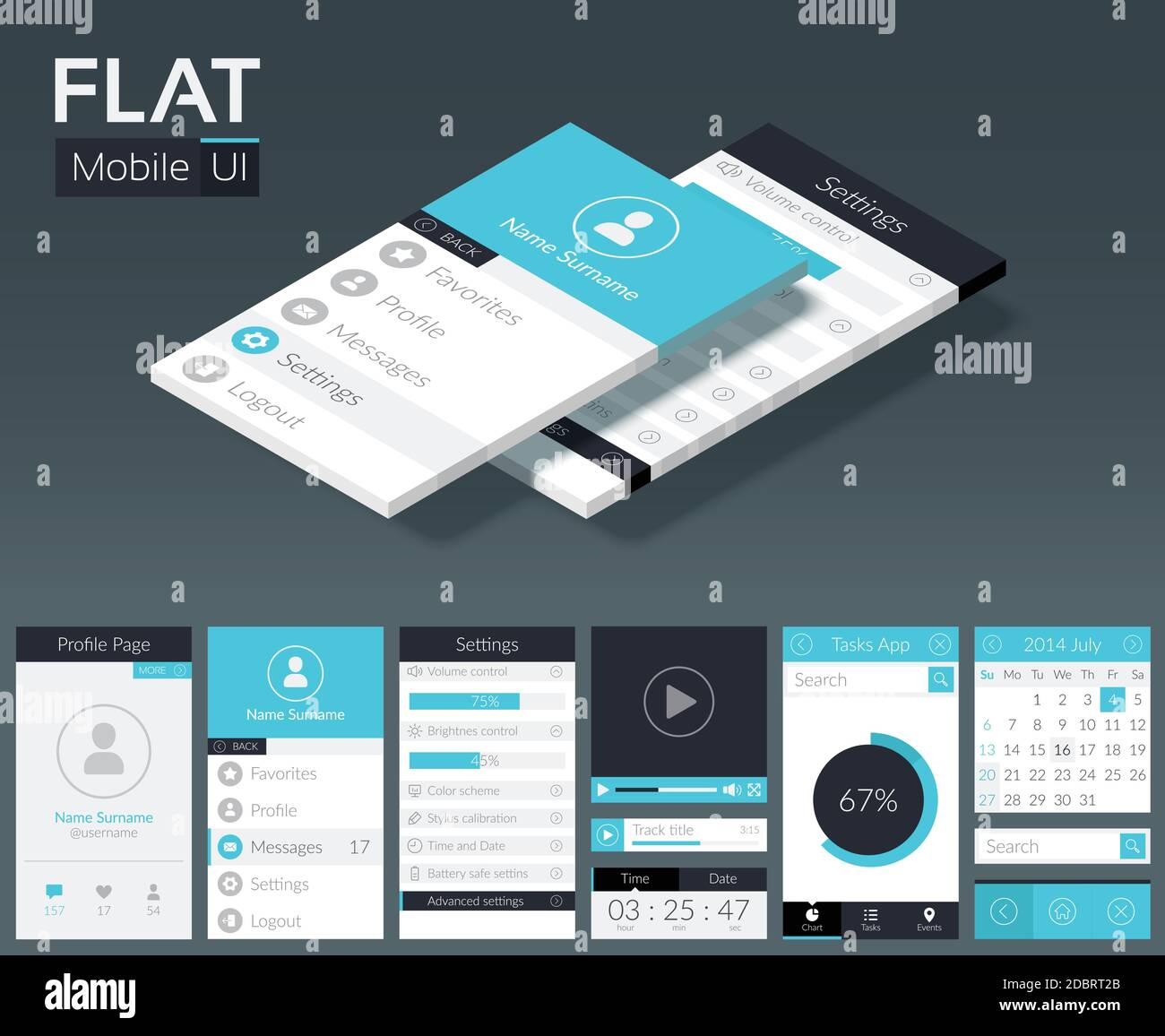 Flat UI mobile design template with different screens buttons and web ...