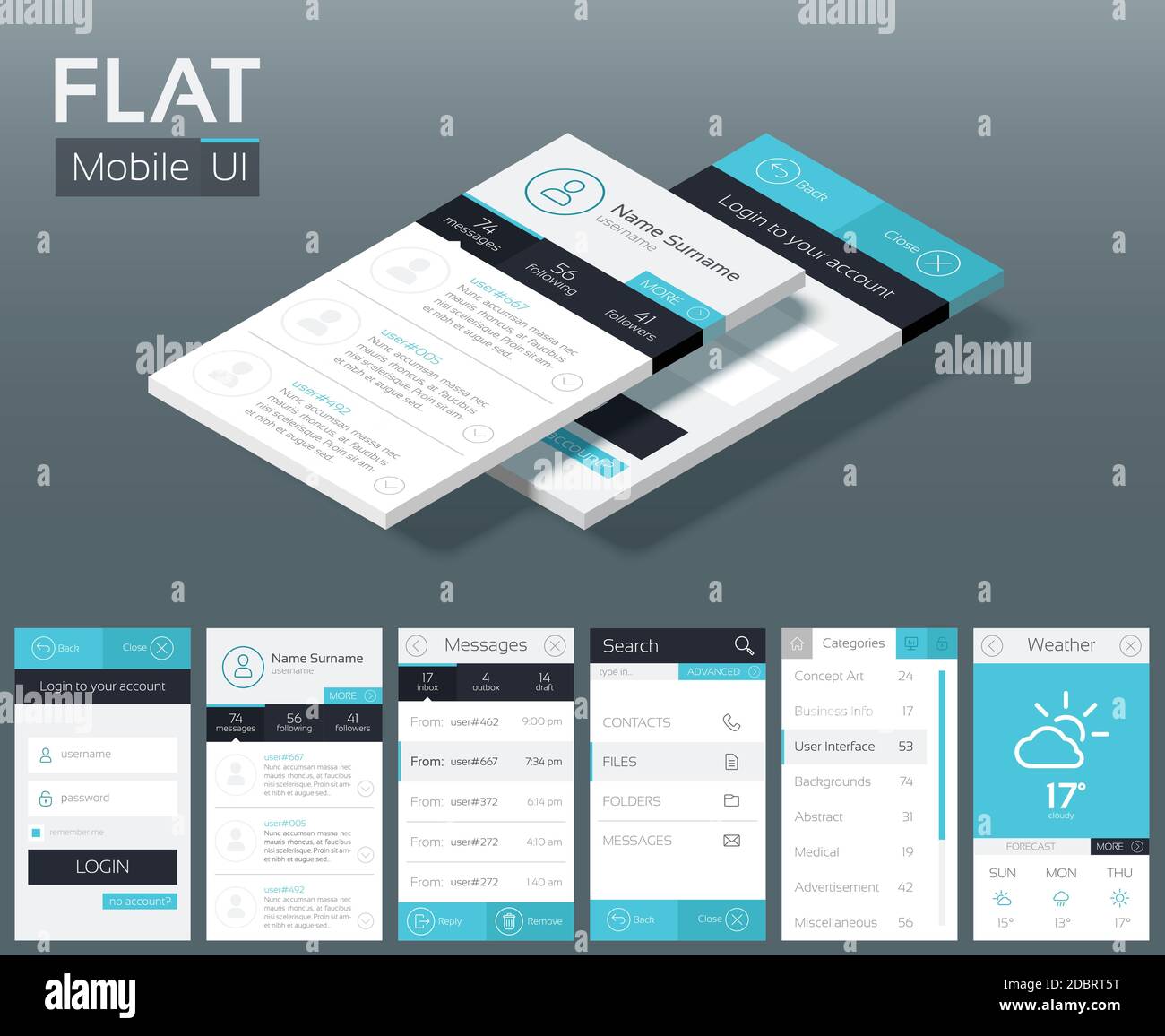 Flat UI design concept with different screens buttons and web elements ...