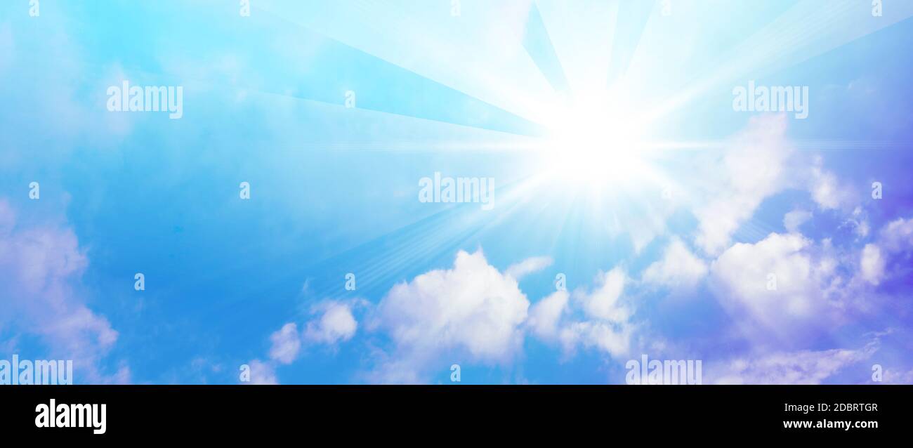 Illustrated rays of streaming sunlight on blue sky background. Summer ...
