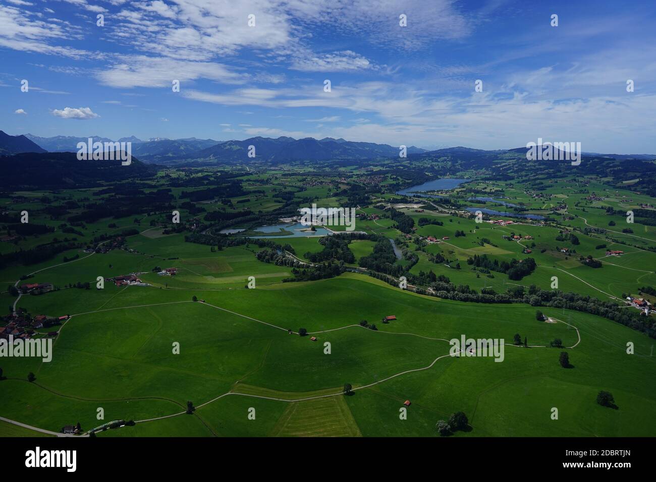 Aerial view of landscape with lakes and mountains from Germany and ...