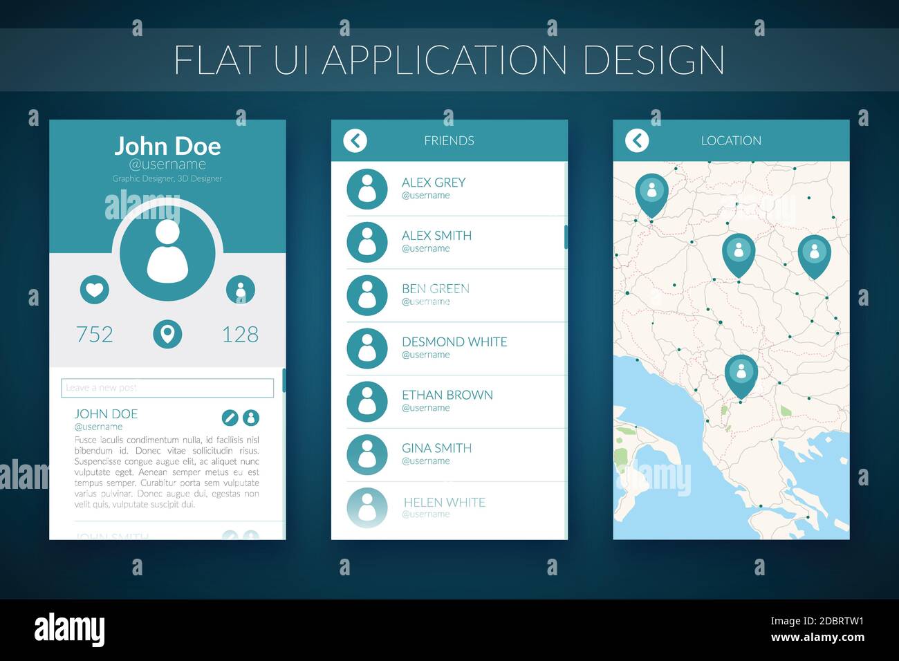Flat UI design concept with map contact list and web elements for ...