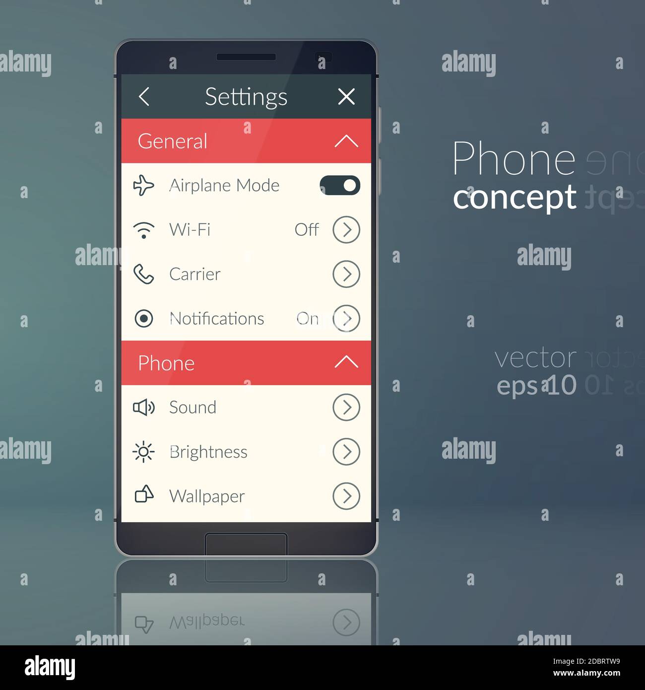 Phone design concept with flat user interface menu on glossy background ...