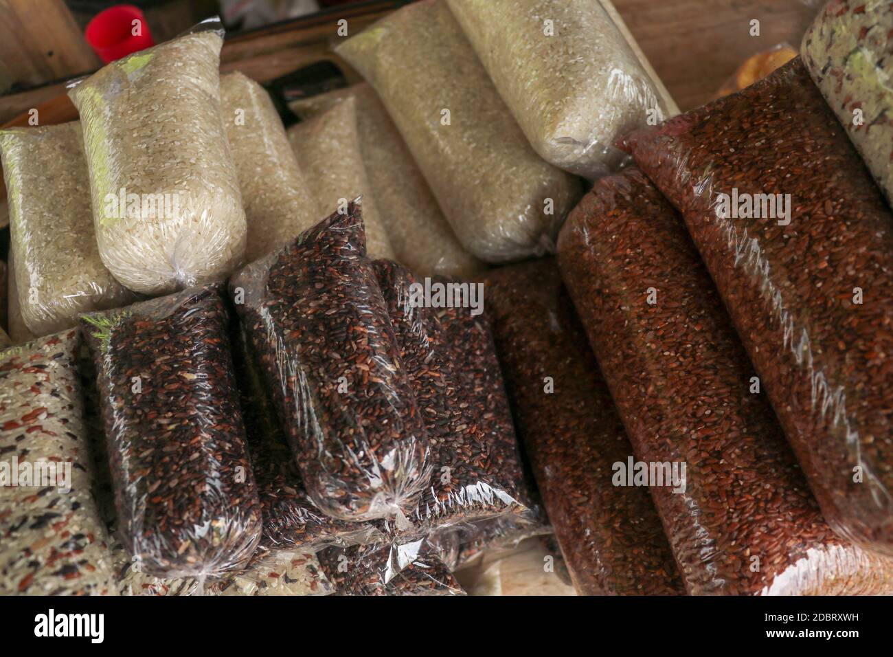 Five difference types of rice in a plastic vacuum bag. Various groats ...