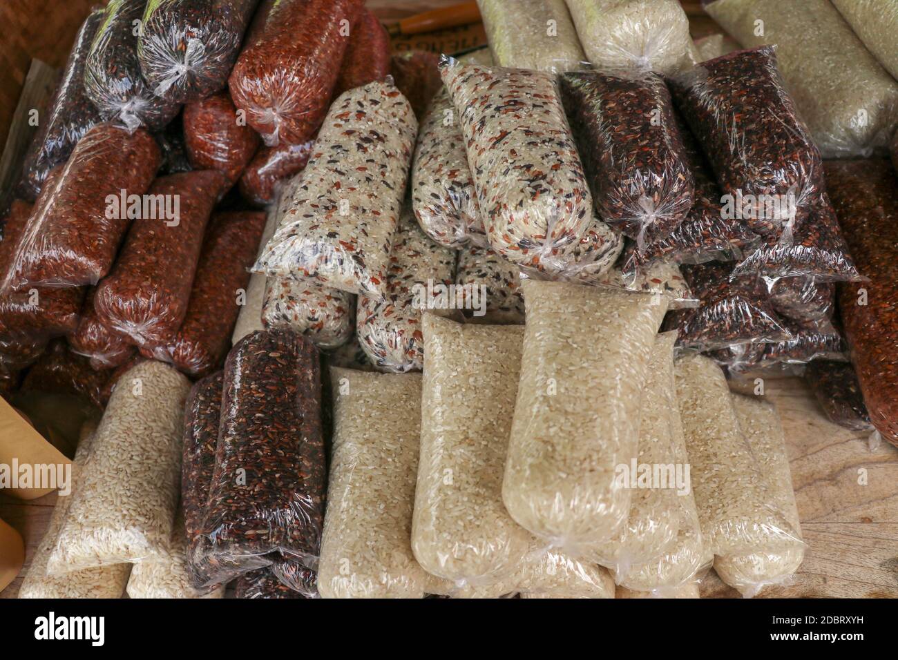 Five difference types of rice in a plastic vacuum bag. Various groats ...