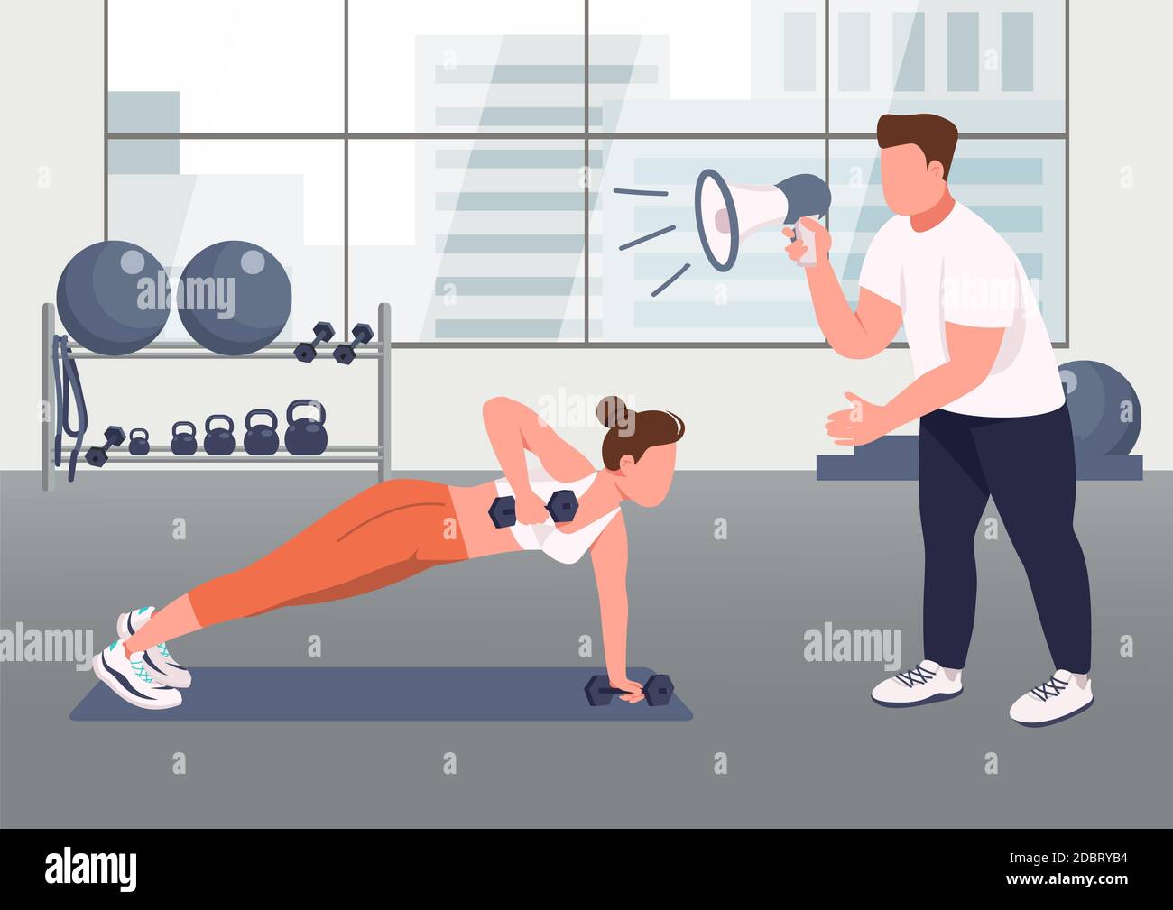Fitness instructor service flat color vector illustration. Woman ...