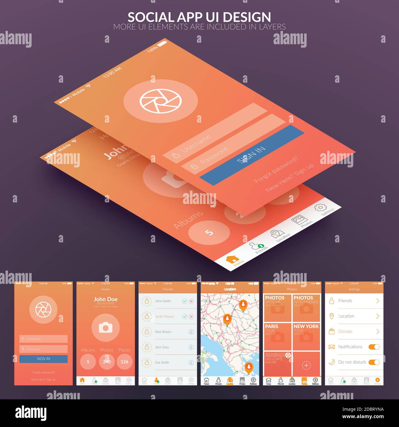 Ui design concept for social mobile application on dark background flat ...
