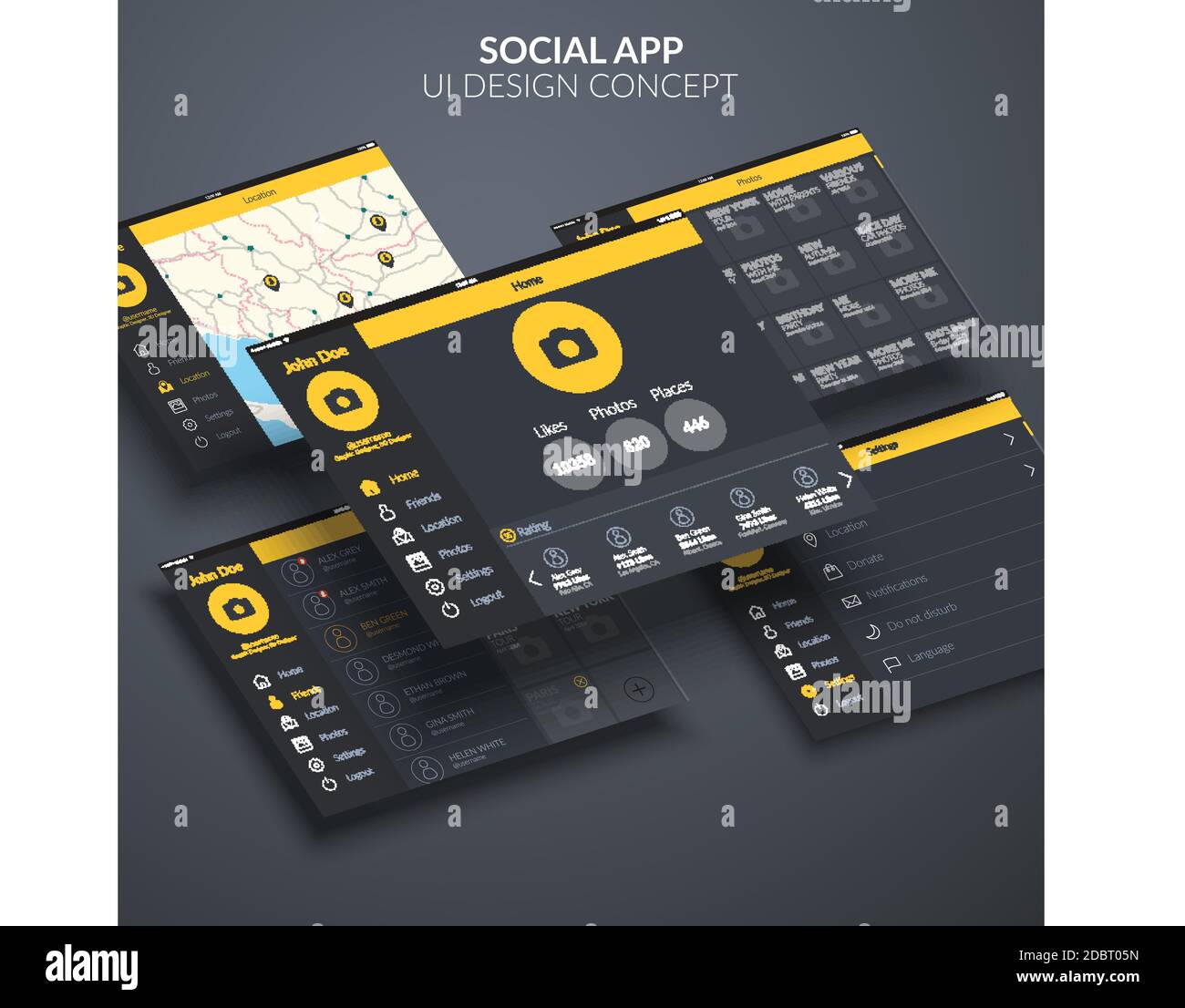 Social page application ui design concept on dark background flat ...