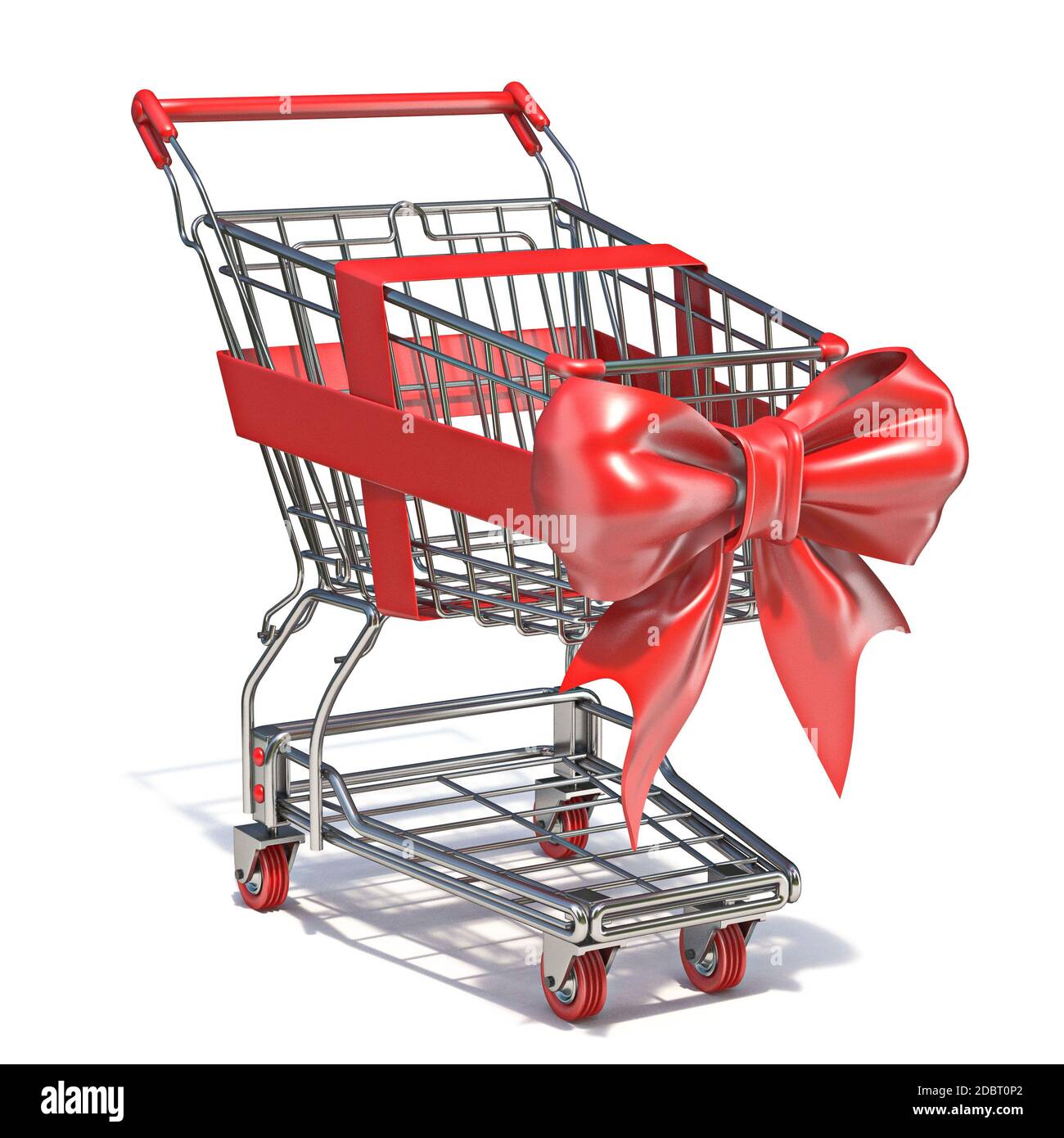 Shopping chart with red ribbon bow 3D render illustration isolated on ...