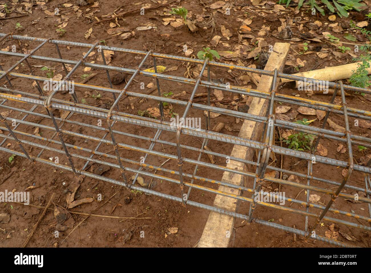 Iron steel for making the skeleton of concrete column on wooden support ...