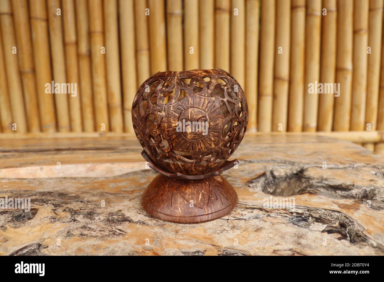 Coconut shell carving. Handicraft of indigenous people in Bali ...