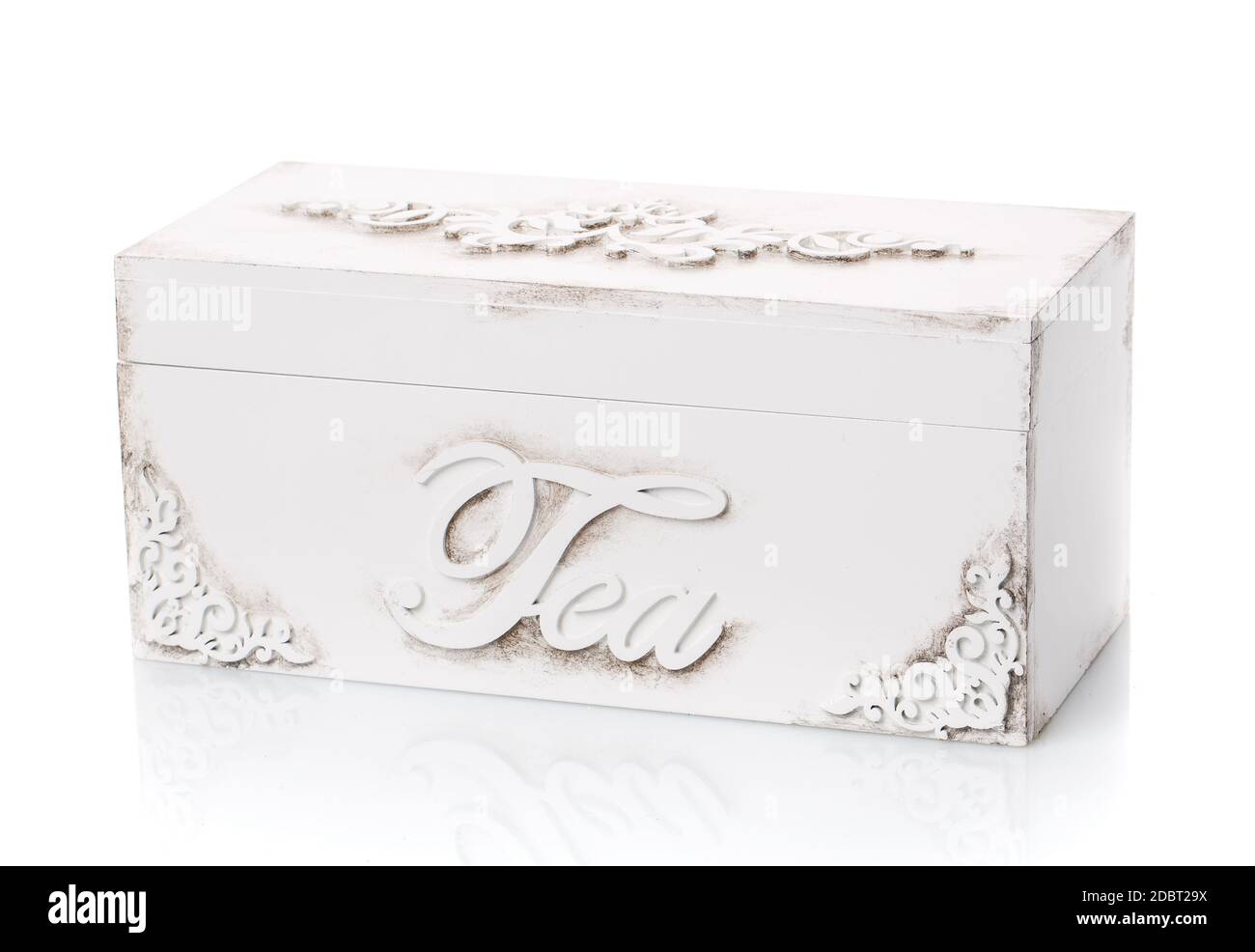 White wooden box for tea in vintage style on a white background Stock ...