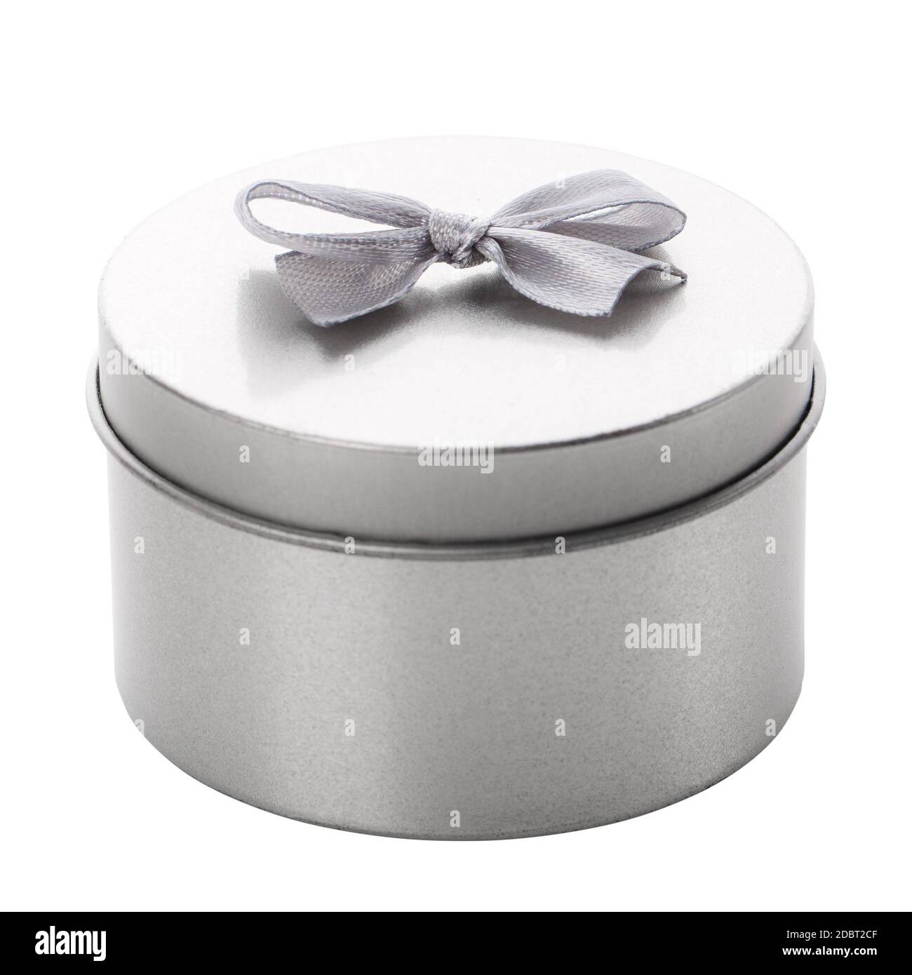 Round metallic gift box in gray with a small ribbon for a mini gift ...