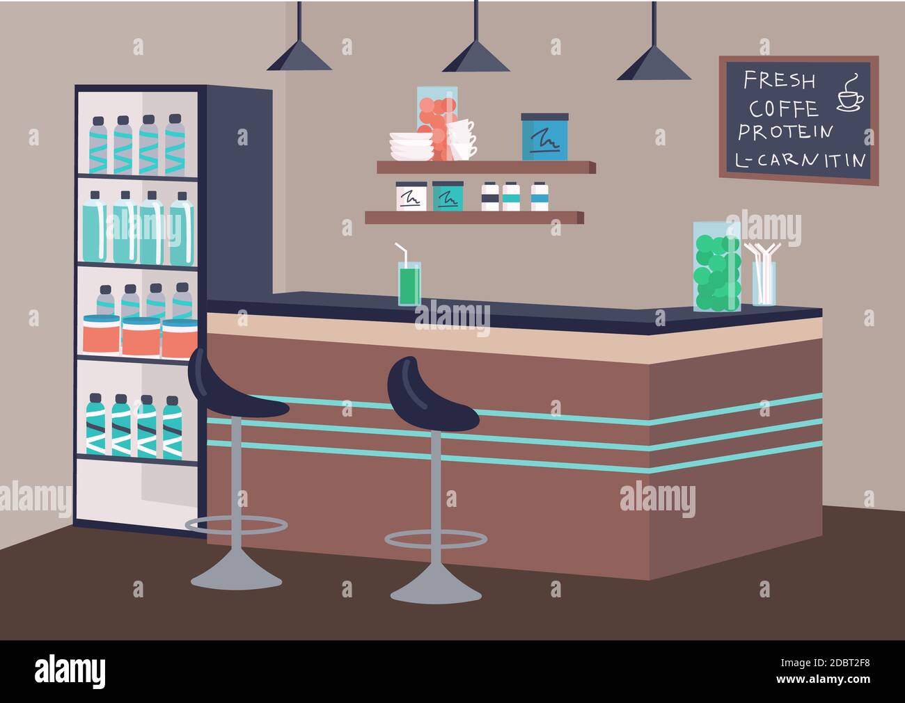 Empty fitness bar flat color vector illustration. Healthy drinks ...