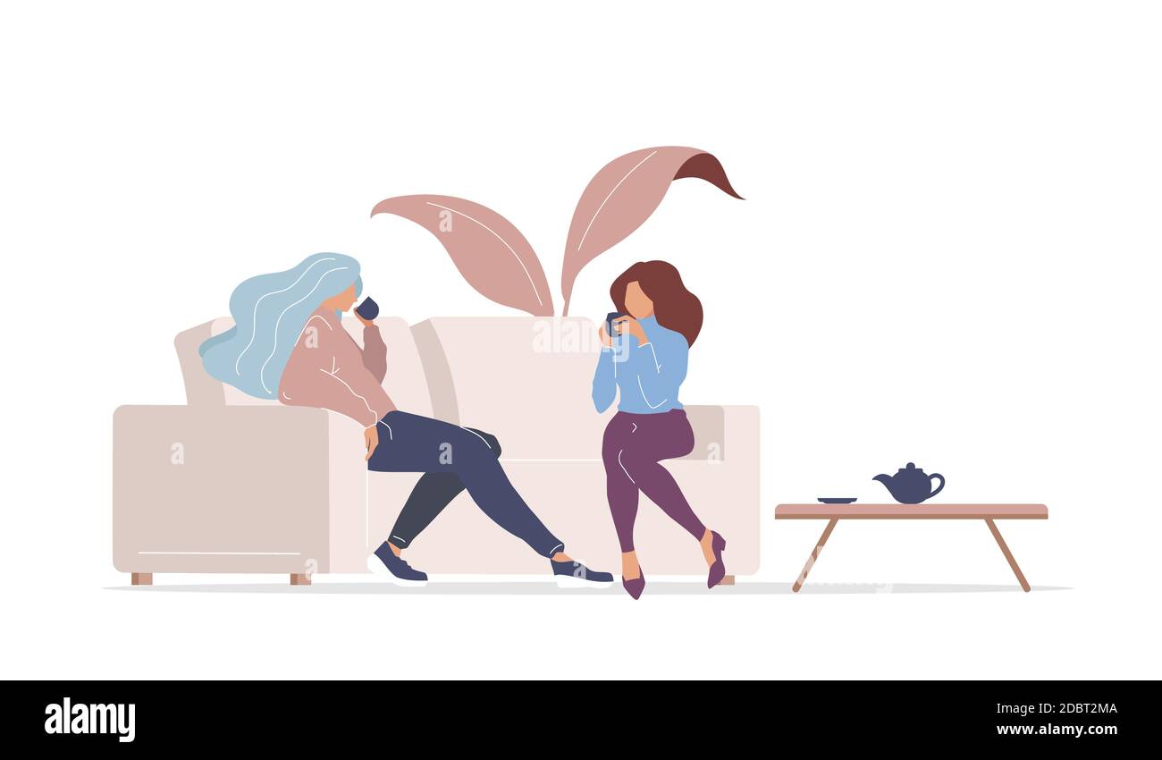 Girls drinking tea flat color vector faceless characters. Best friends ...