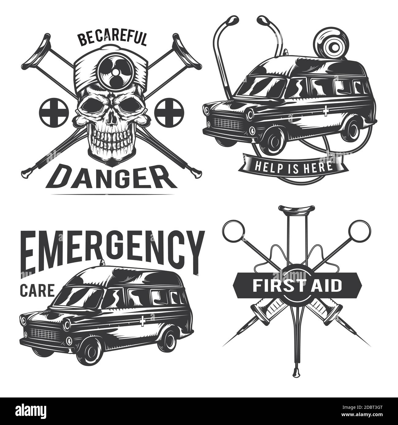 Set of emergency emblems, labels, badges, logos. Isolated on white ...