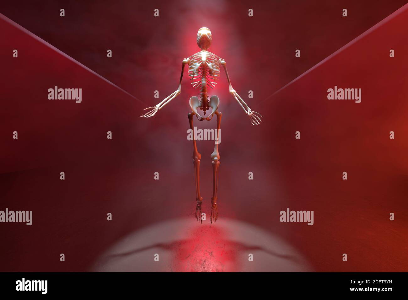 3D Illustration of a Skeleton in a dark industrial environment ...