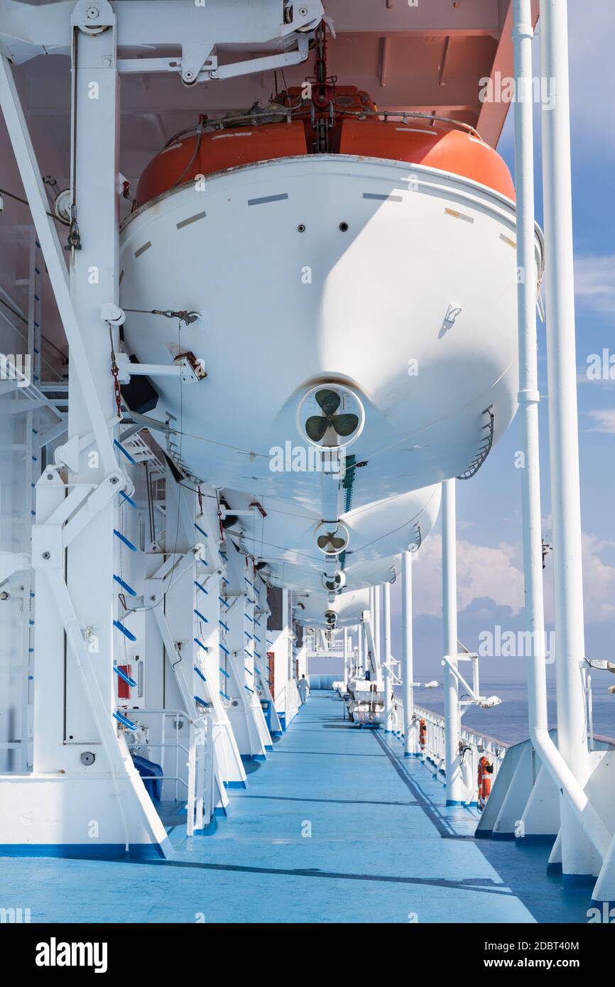 Cruise ship emergency safety rescue boat on deck Stock Photo - Alamy