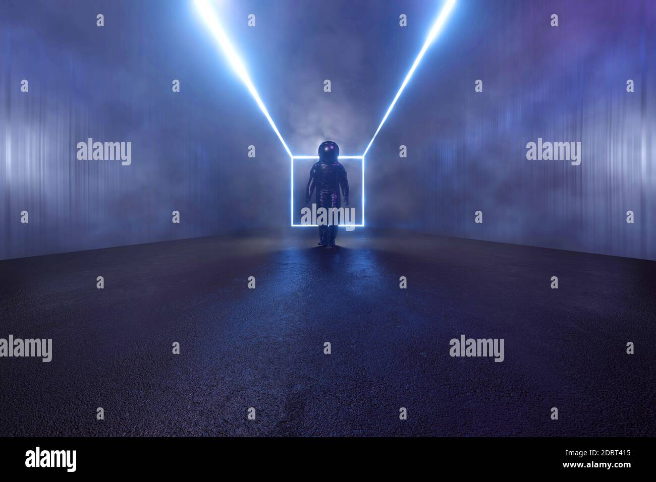 3D Illustration of a Astronaut in a dark concrete Alien interior of a ...