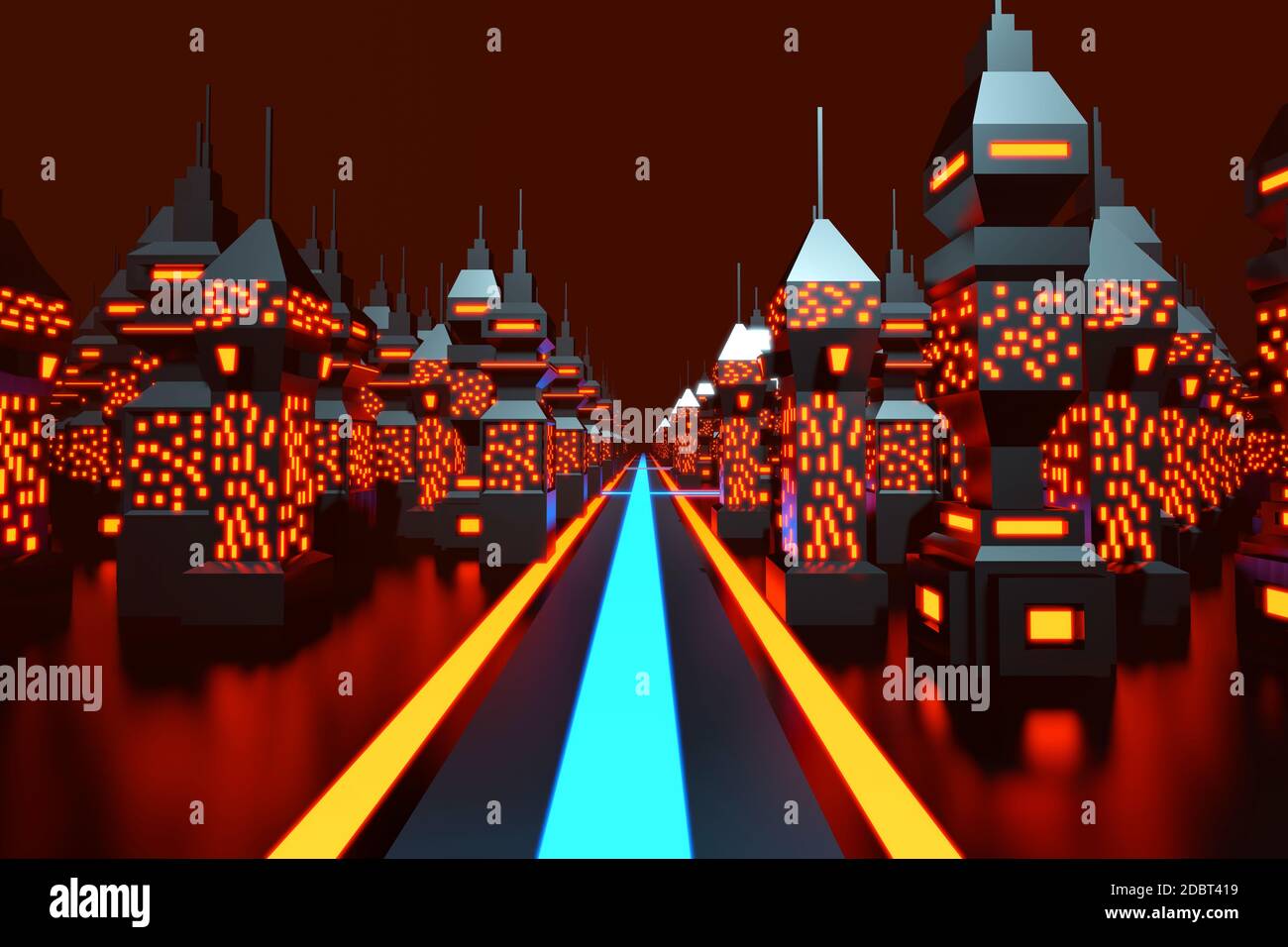 3D Illustration of a classic computer game city in the 80s style Stock ...