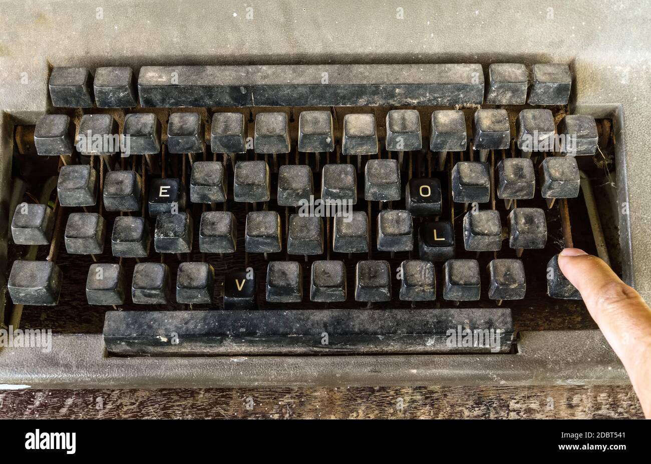 Old typewriter with special buttons , LOVE word and hand of man push ...