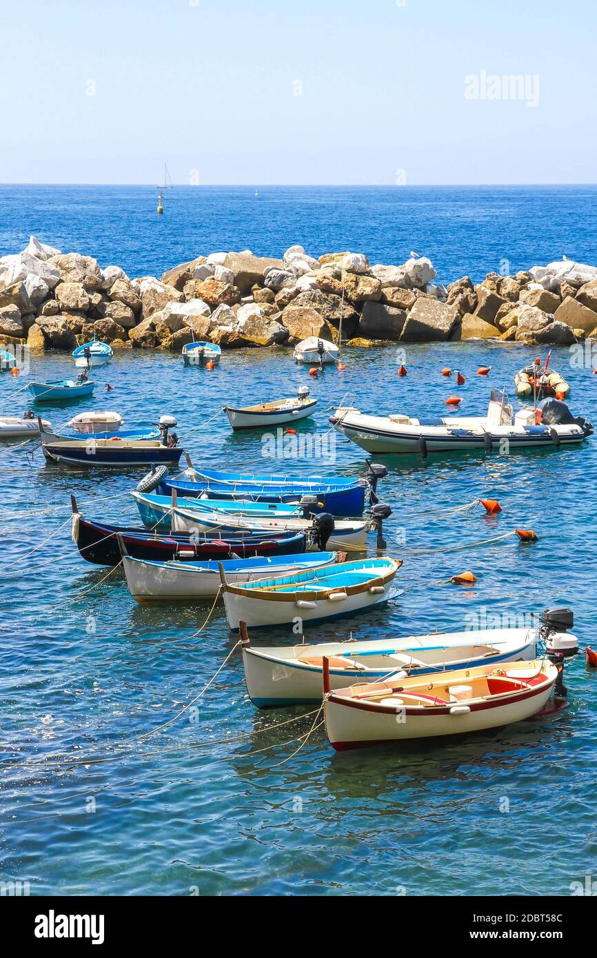 Fishing boats floating on the Mediterranean Sea in the harbour of ...
