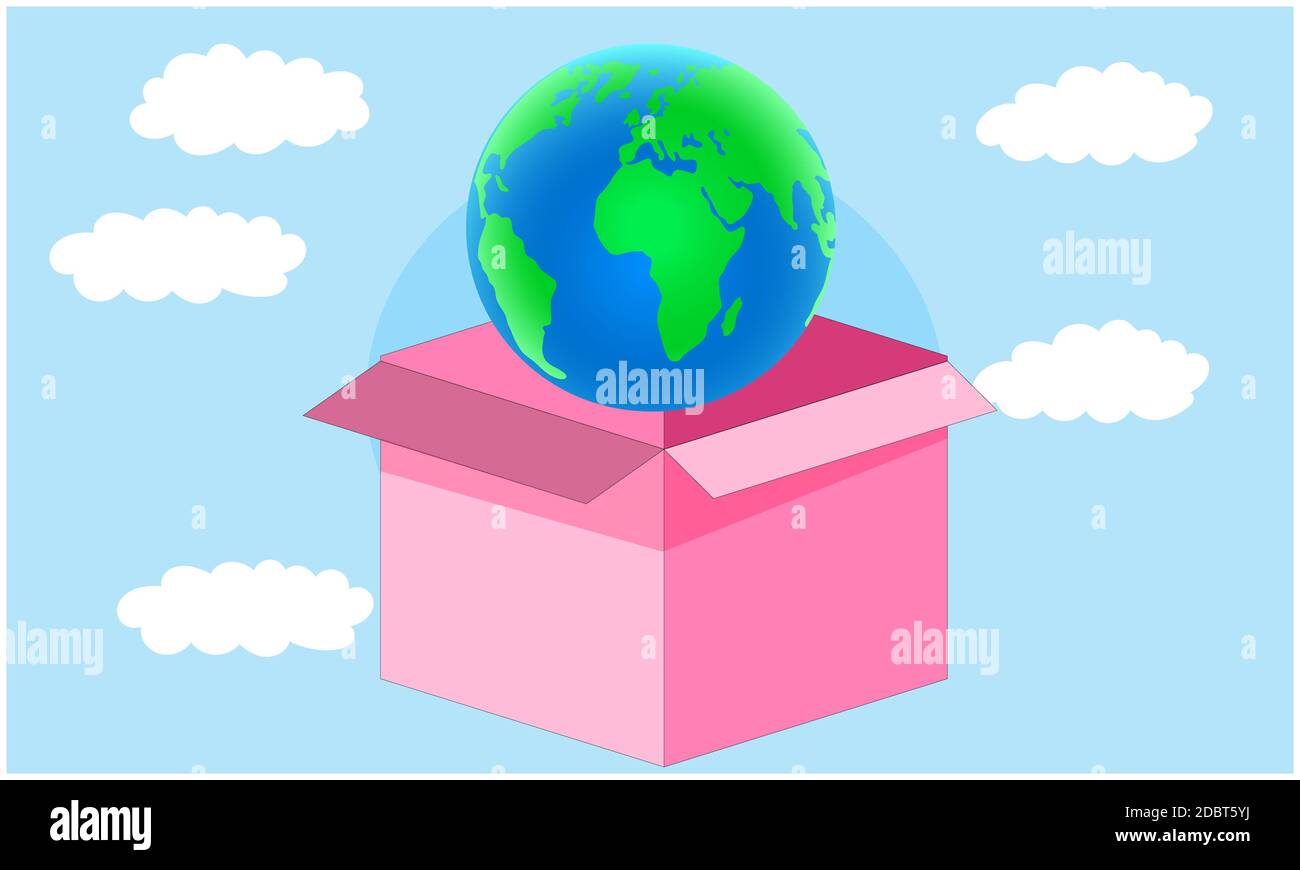 earth globe unboxing from box in the clouds Stock Photo - Alamy