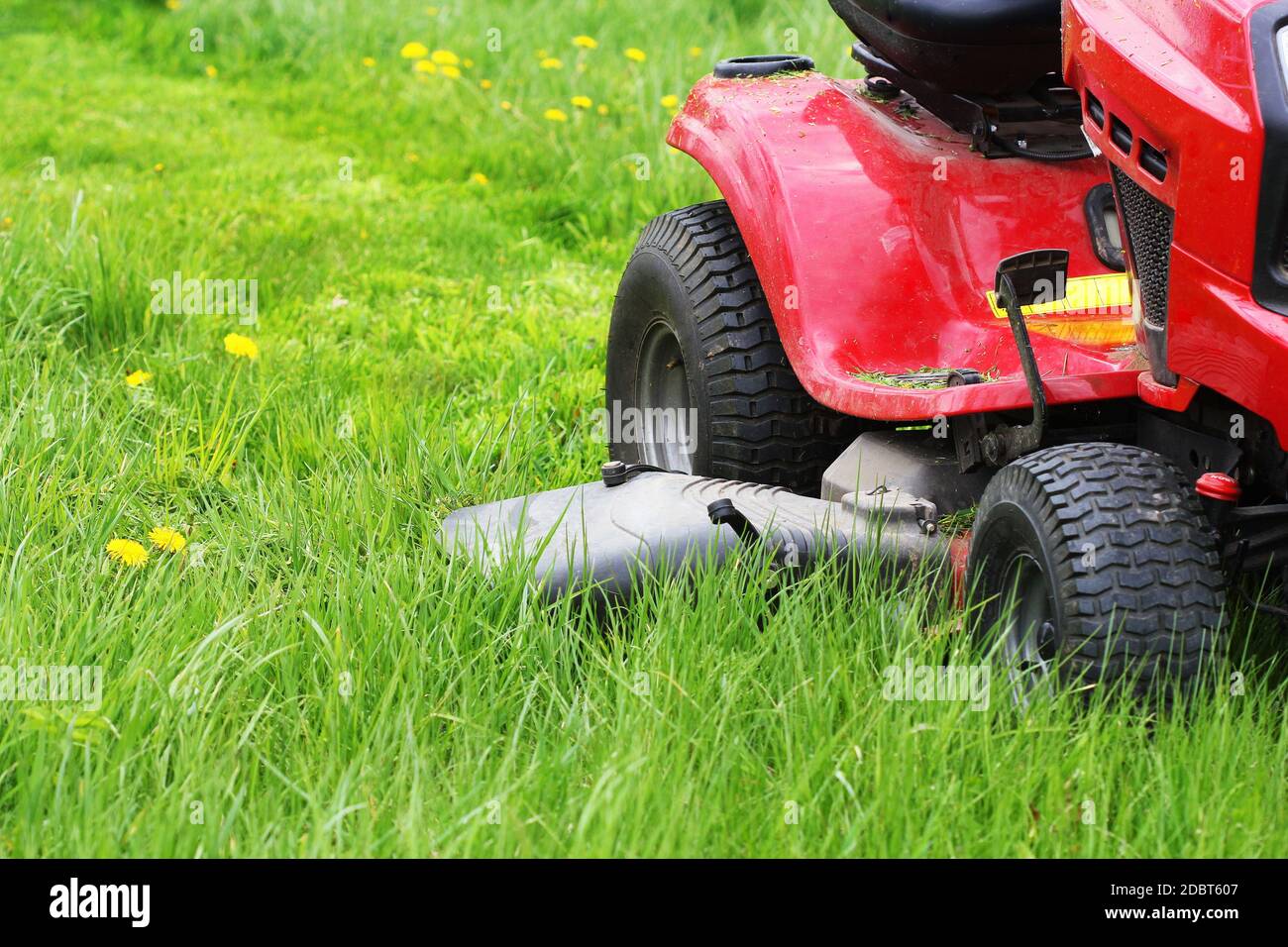 Gardening concept background. Gardener cutting the long grass on a ...
