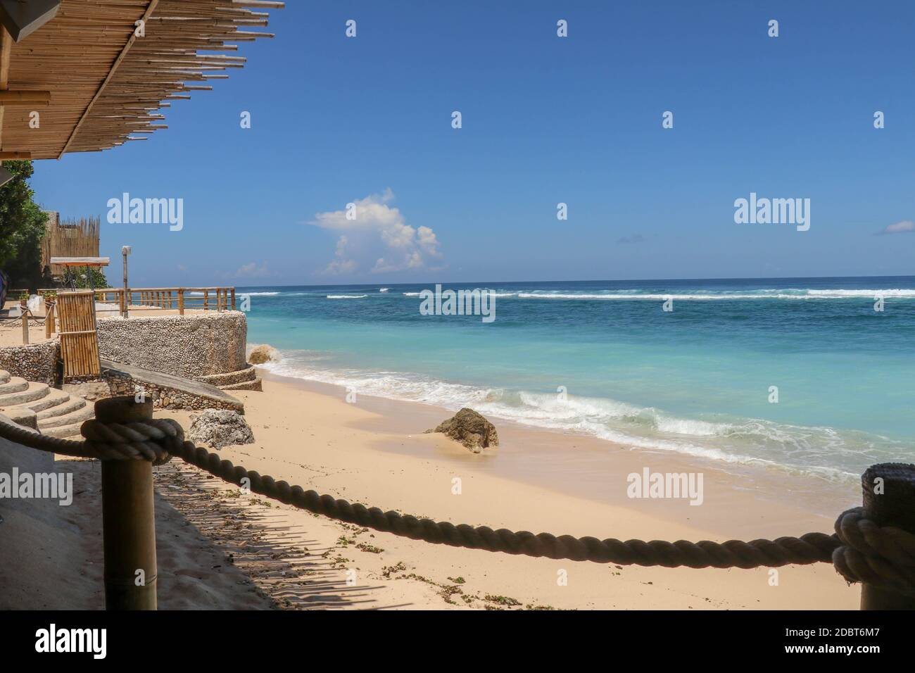 Outdoor restaurant at the beach. Cafe on the beach, ocean and sky. View ...