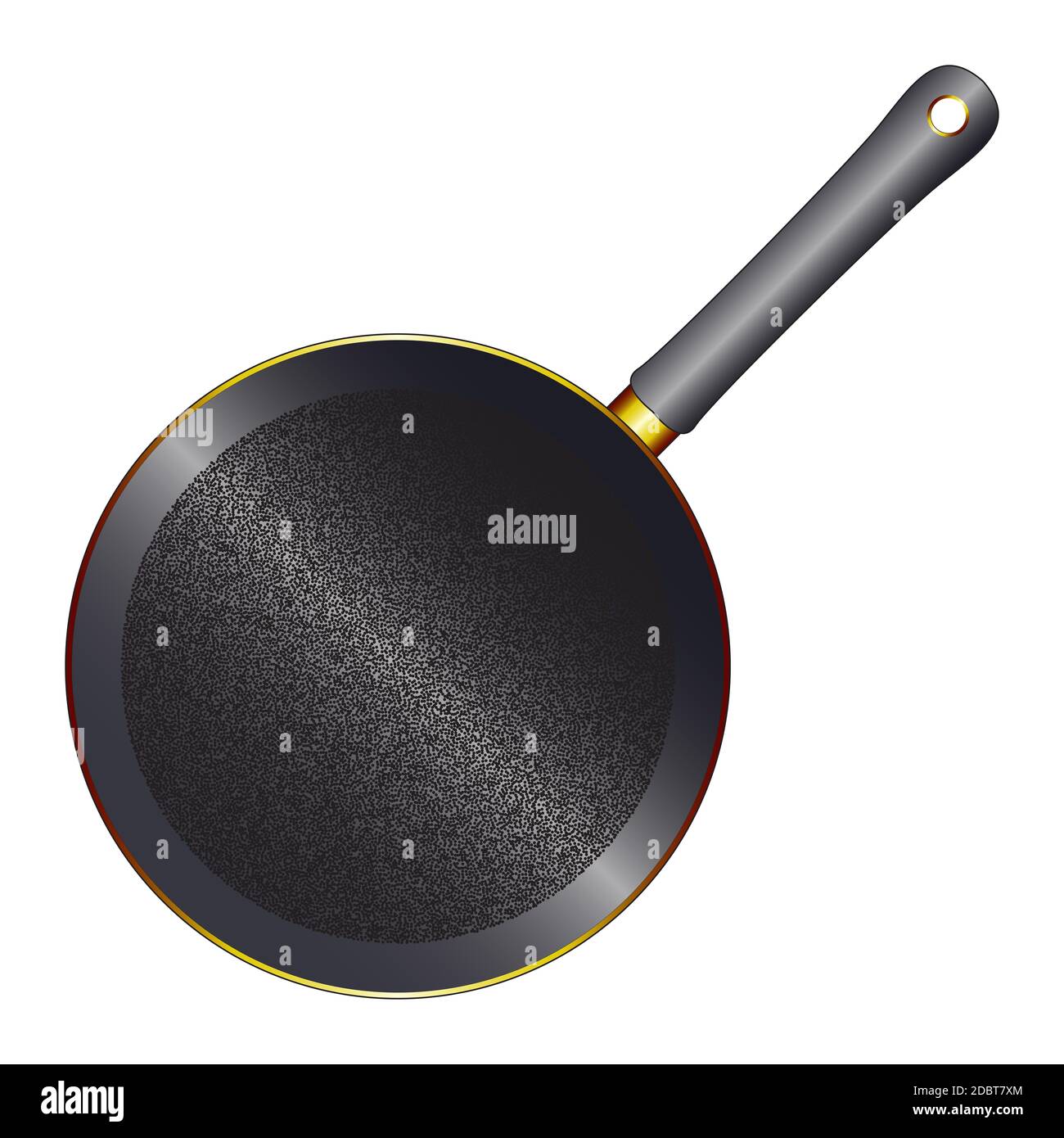 A black metal frying pan with wooden handle and stipple base on a white ...