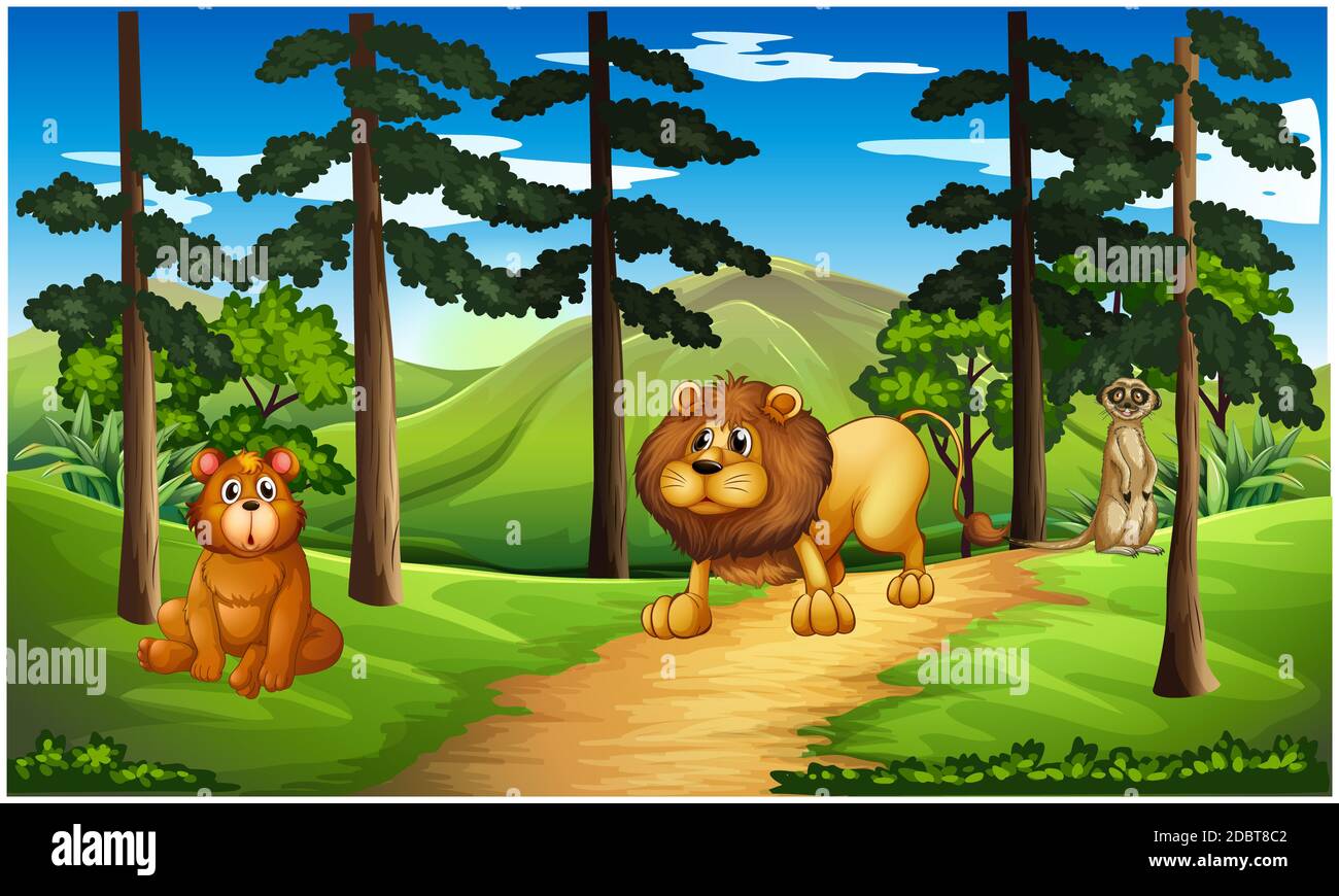 animals are playing together in a forest Stock Photo - Alamy