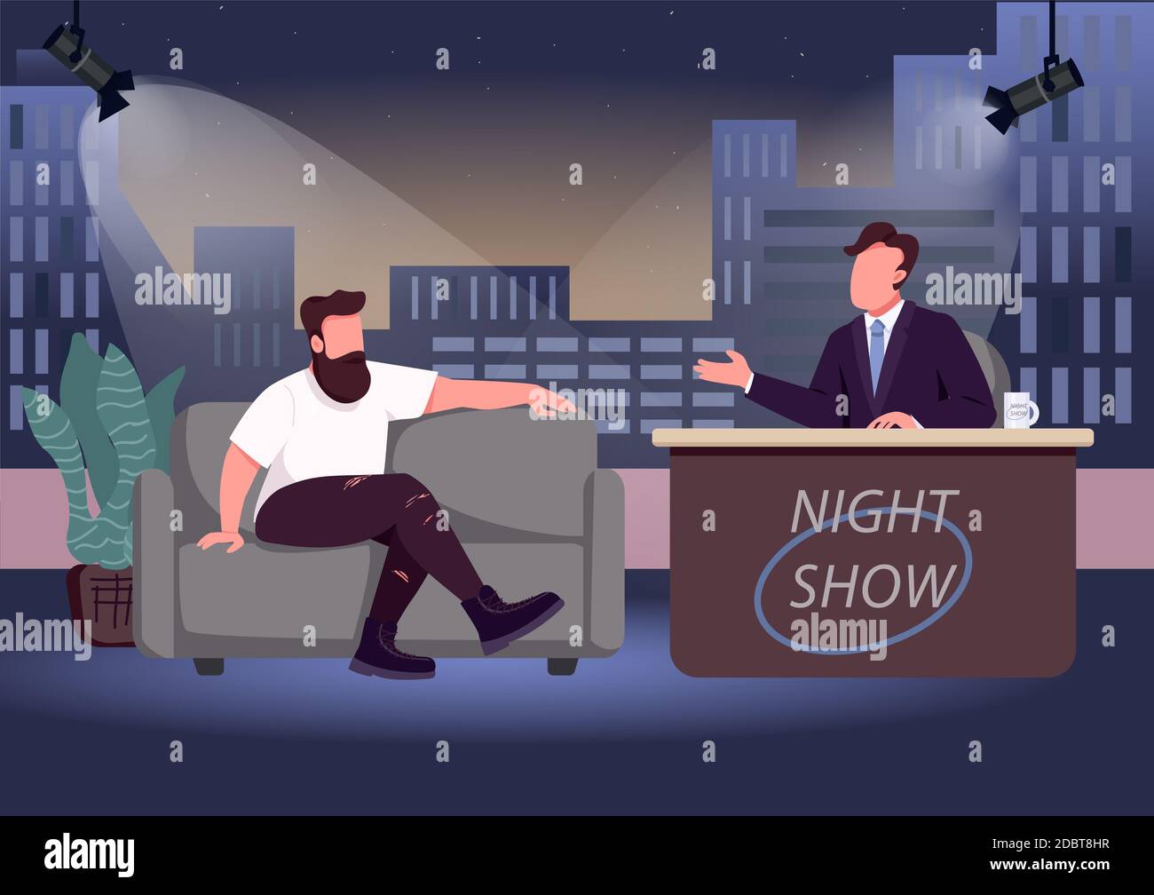 Evening talk show flat color vector illustration. Chat show host and ...