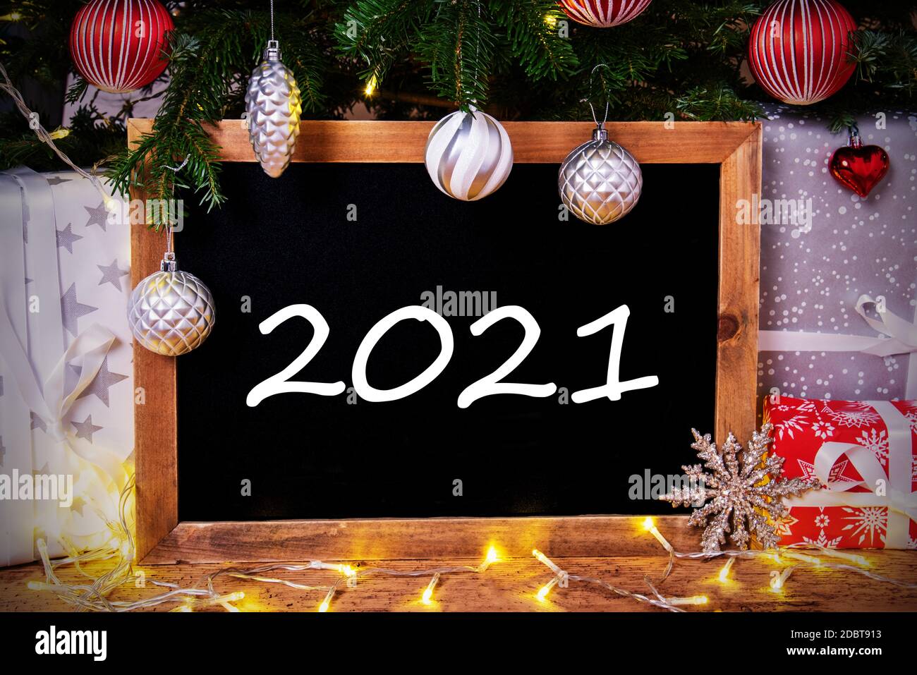 Blackboard With Text 2021. Christmas Tree With Ball, Gifts And Fairy ...